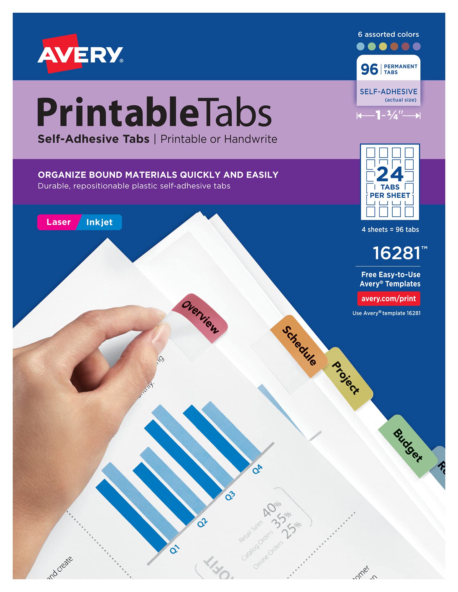 Avery 16281 Printable Plastic Tabs with Repositionable Adhesive, 1 1/4, Assorted (Pack of 96)