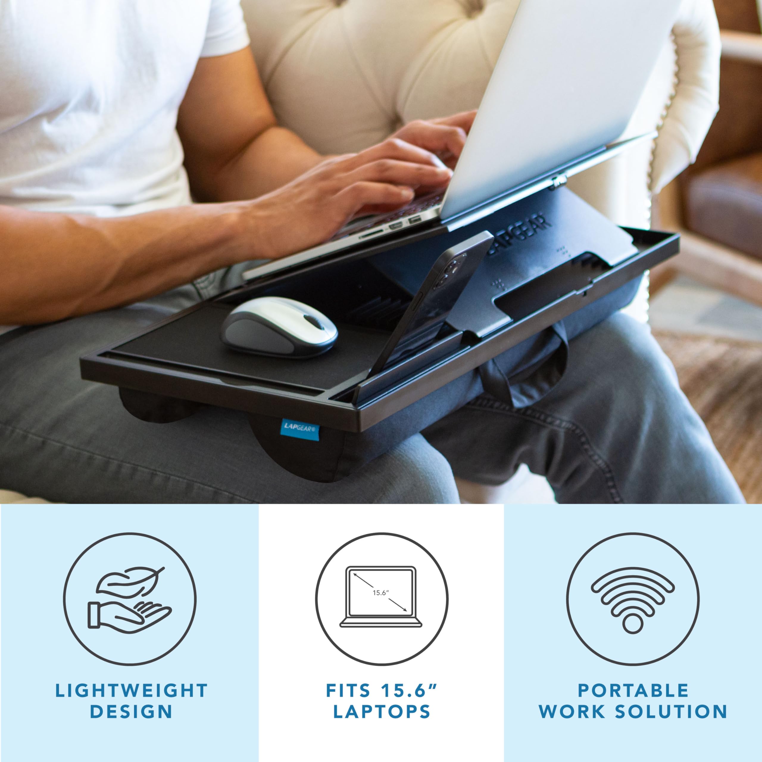 LapGear Ergo Pro Lap Desk with 20 Adjustable Angles, Mouse Pad, and Phone Holder - Black - Fits up to 15.6 Inch Laptops and Most Tablets - Style No. 49408