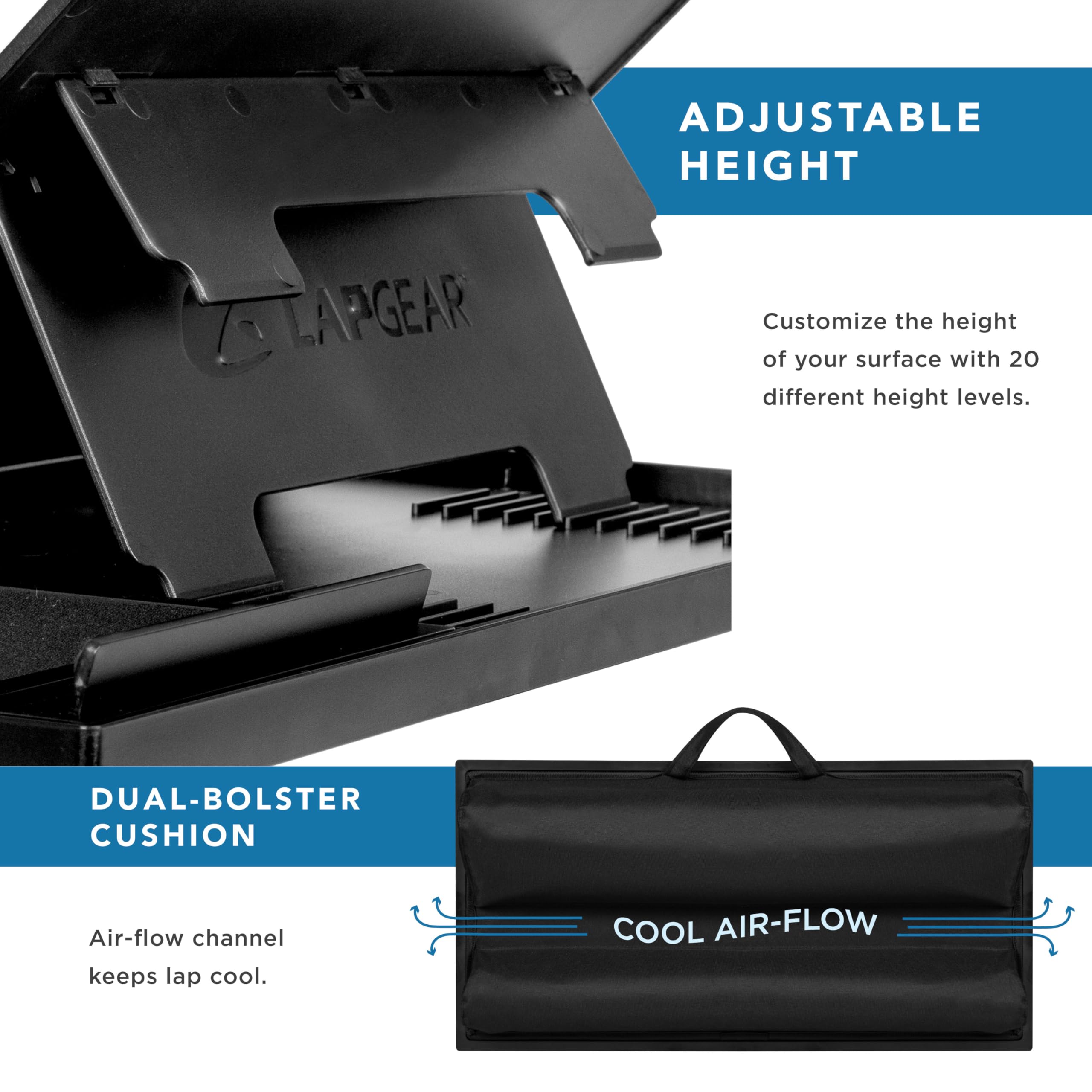LapGear Ergo Pro Lap Desk with 20 Adjustable Angles, Mouse Pad, and Phone Holder - Black - Fits up to 15.6 Inch Laptops and Most Tablets - Style No. 49408