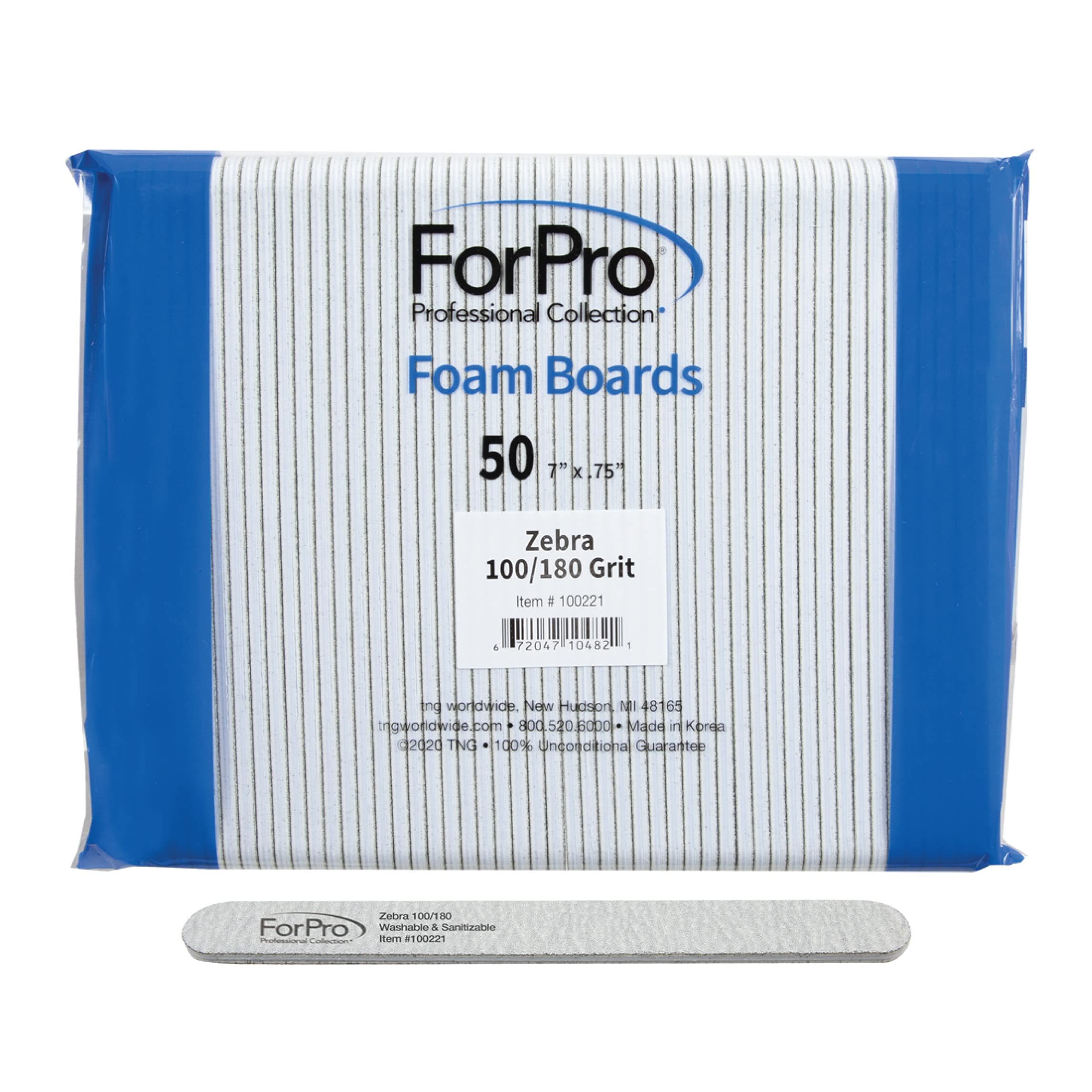 ForPro Zebra Foam Board, 100/180 Grit, Double-Sided Manicure Nail File, 7β L x .75β W 50-Count
