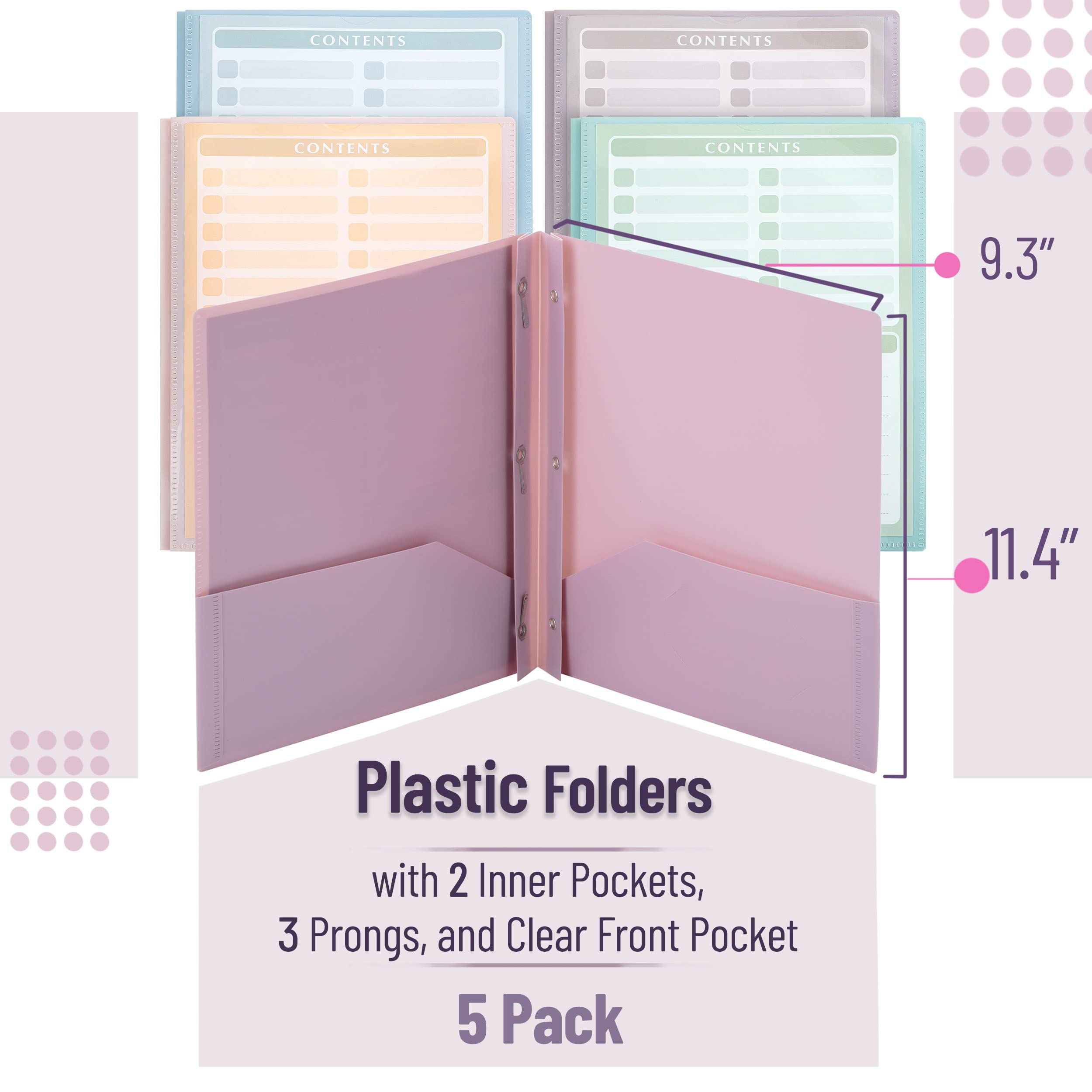 Mr. Pen- Plastic Folders with Clear Front Pocket, 5 pcs, Pastel Colors, Pocket Folders, Plastic Folders for Documents, Plastic Folders with Pockets, File Folders with Fasteners, Folder with Pockets