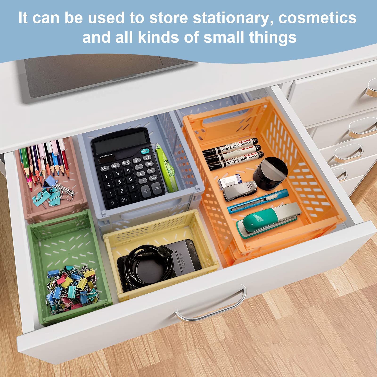 5-Pack Pastel Crates for Desk Organizers , Mini Plastic Baskets for Office Organization, Collapsible Crate Stacking Folding Storage Baskets for Home Kitchen Bedroom Bathroom Office (5.9" x 3.8")