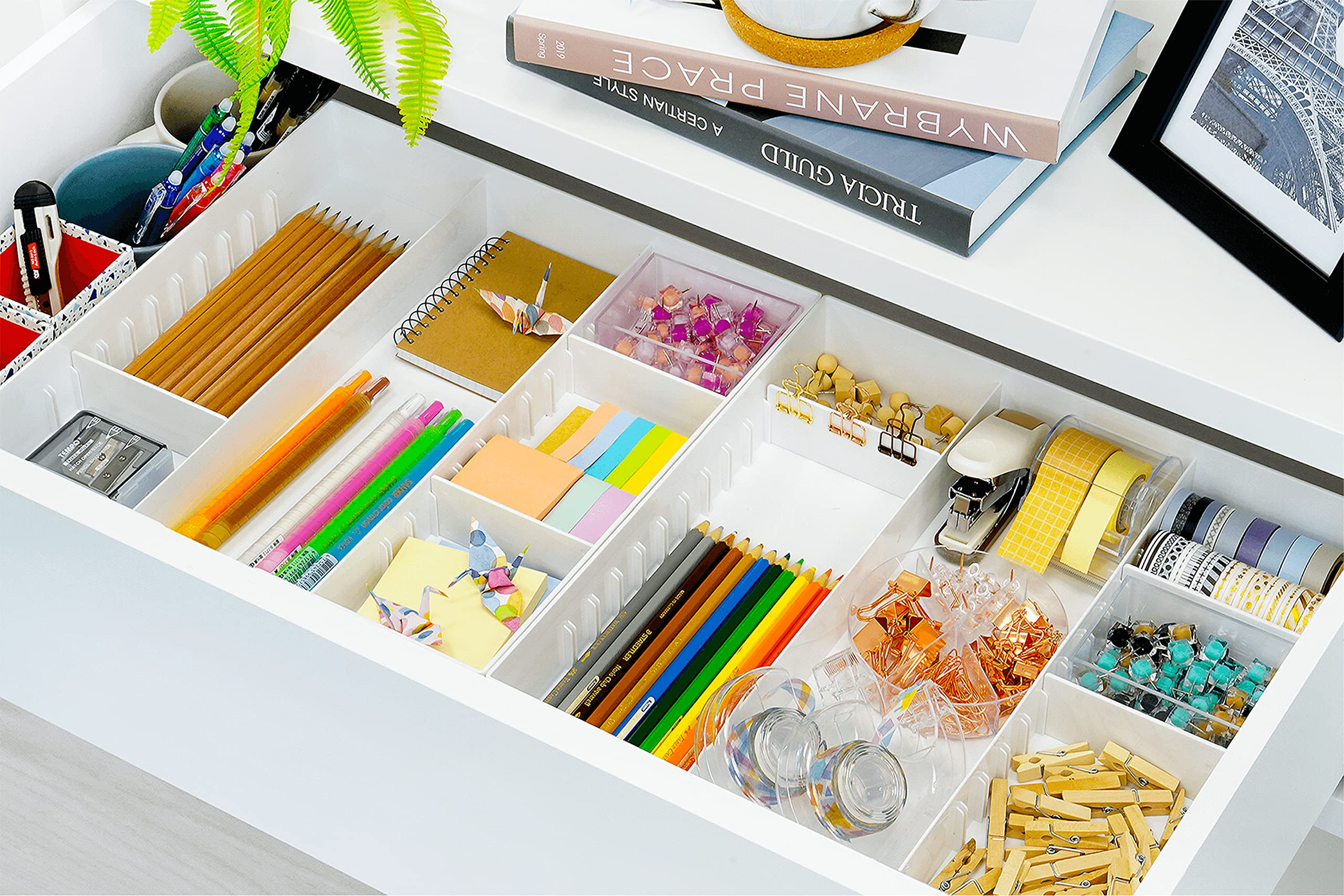 CAXXA 3 Slot Drawer Organizer with 4 Adjustable Dividers - Junk Drawer Storage for Makeup & Vanity, Office Desk Supplies and Accessories (WHITE, 1 PACK)
