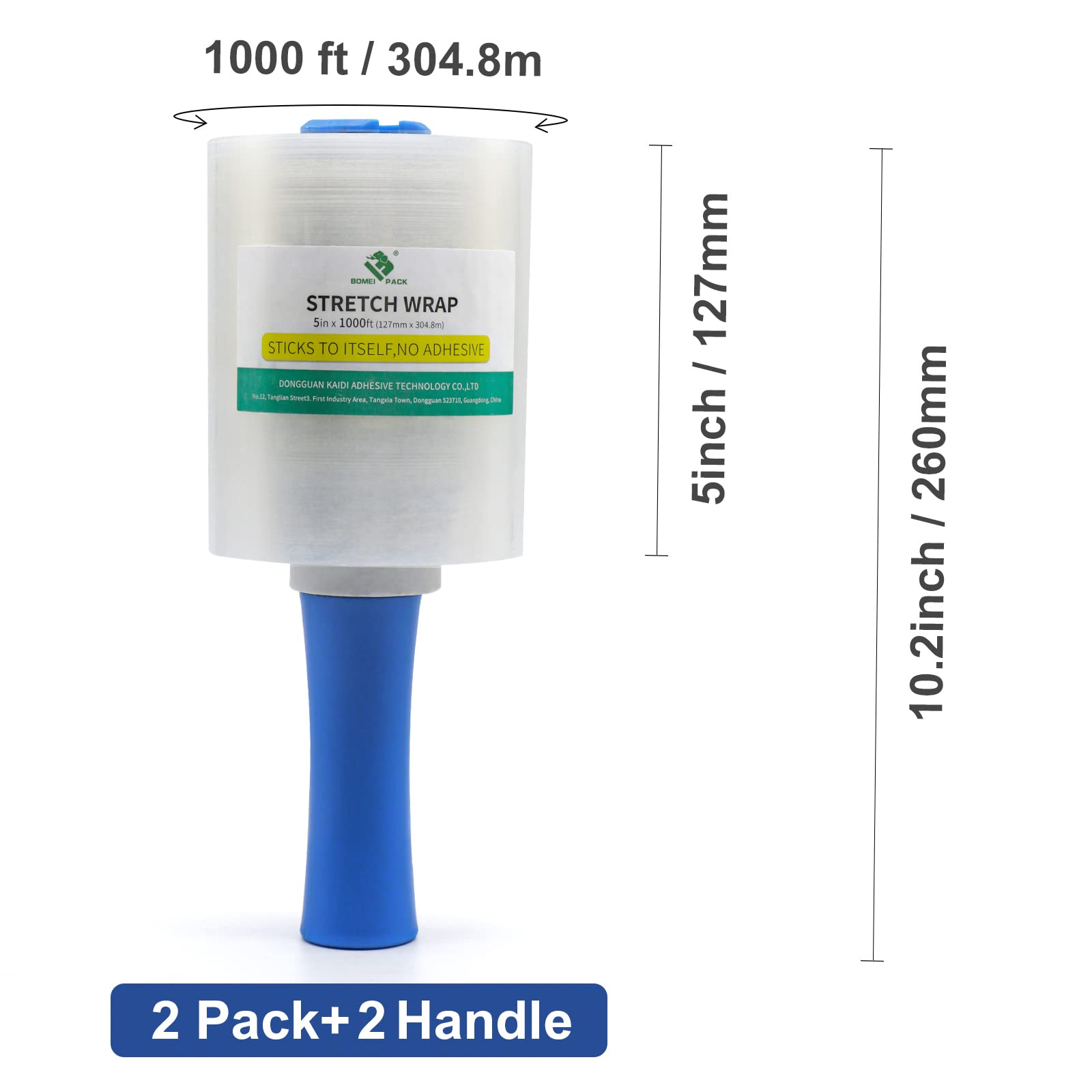 2 Pack Stretch Wrap Film with Plastic Handle, 80 Gauge Thick, 5 Inch x 1000 Ft, Clear Plastic Pallet Shrink Film for Moving Supplies Self-Adhering Plastic Wrap Film, BOMEI PACK
