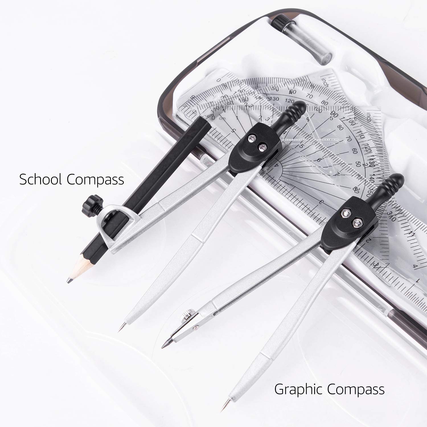 Amazon Basics 10-Piece Math Kit - Includes Compasses, Graphite, Eraser, Sharpener, Protractor, Triangles, Ruler, and Carrying Box