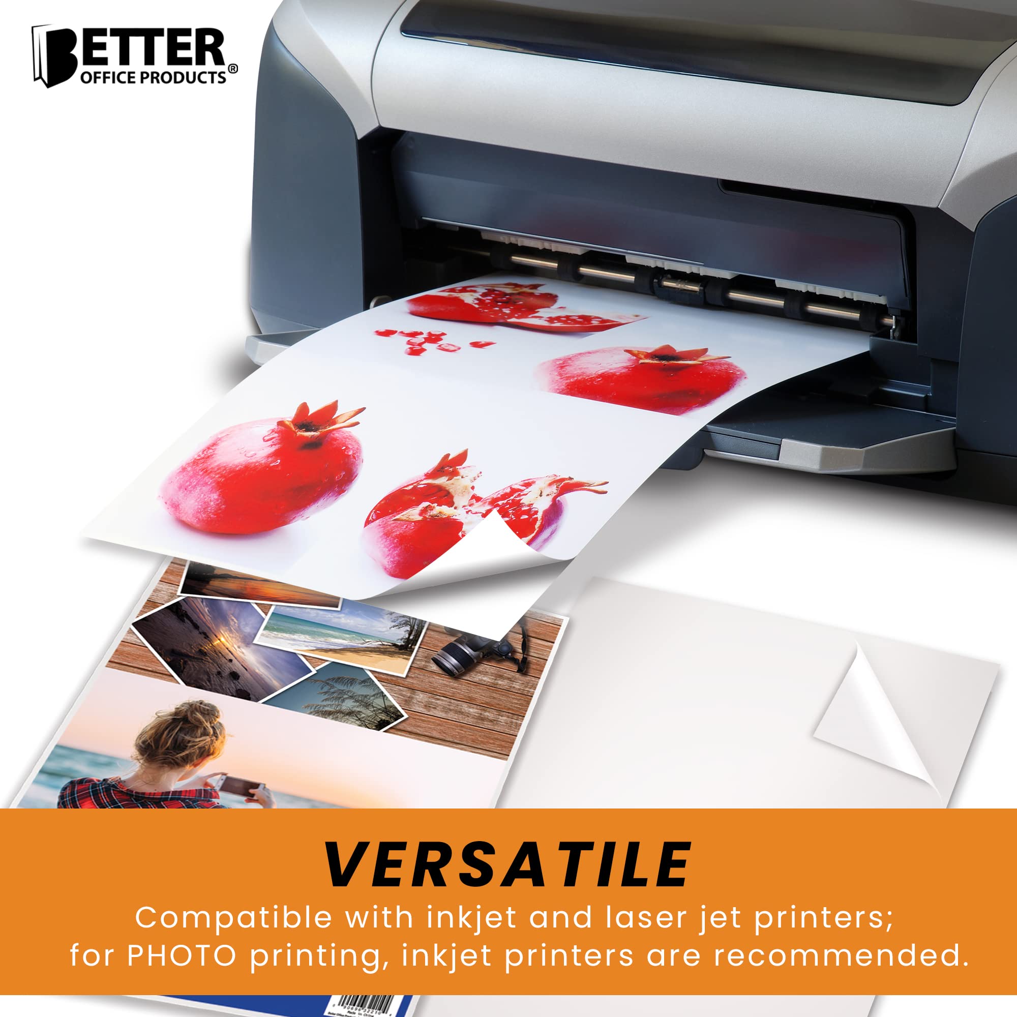 Self-Adhesive Photo Paper, Sticky Photo Paper, Glossy, 8.5 x 11 Inch, 100 Sheets, by Better Office Products, 135 gsm, Letter Size, 100 Count Pack