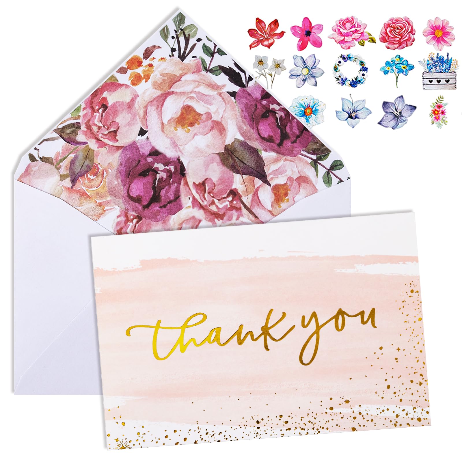 Thank You Cards-48 Bulk Blank Gold Foil&Watercolor Bulk Box Set with Elegant Floral Envelopes &Stickers for Wedding, Baby Shower, Bridal Shower, Business, Anniversary, Funeral -4" x 6"