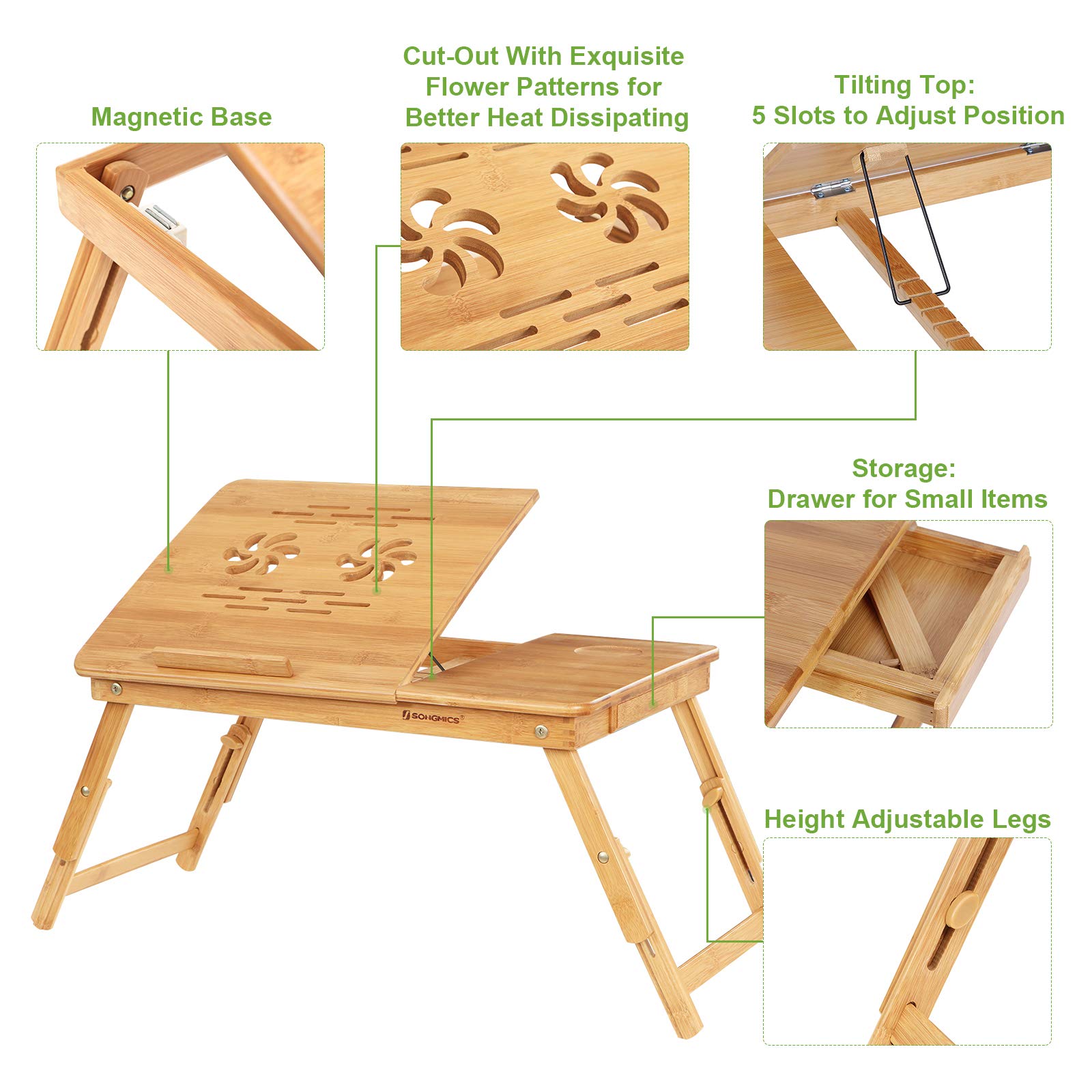 SONGMICS Bamboo Laptop Desk Serving Bed Tray Breakfast Table Tilting Top with Drawer