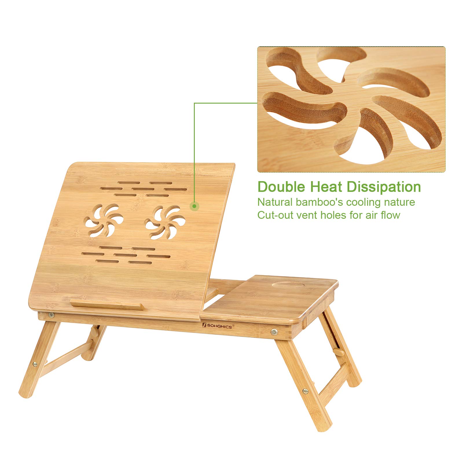 SONGMICS Bamboo Laptop Desk Serving Bed Tray Breakfast Table Tilting Top with Drawer
