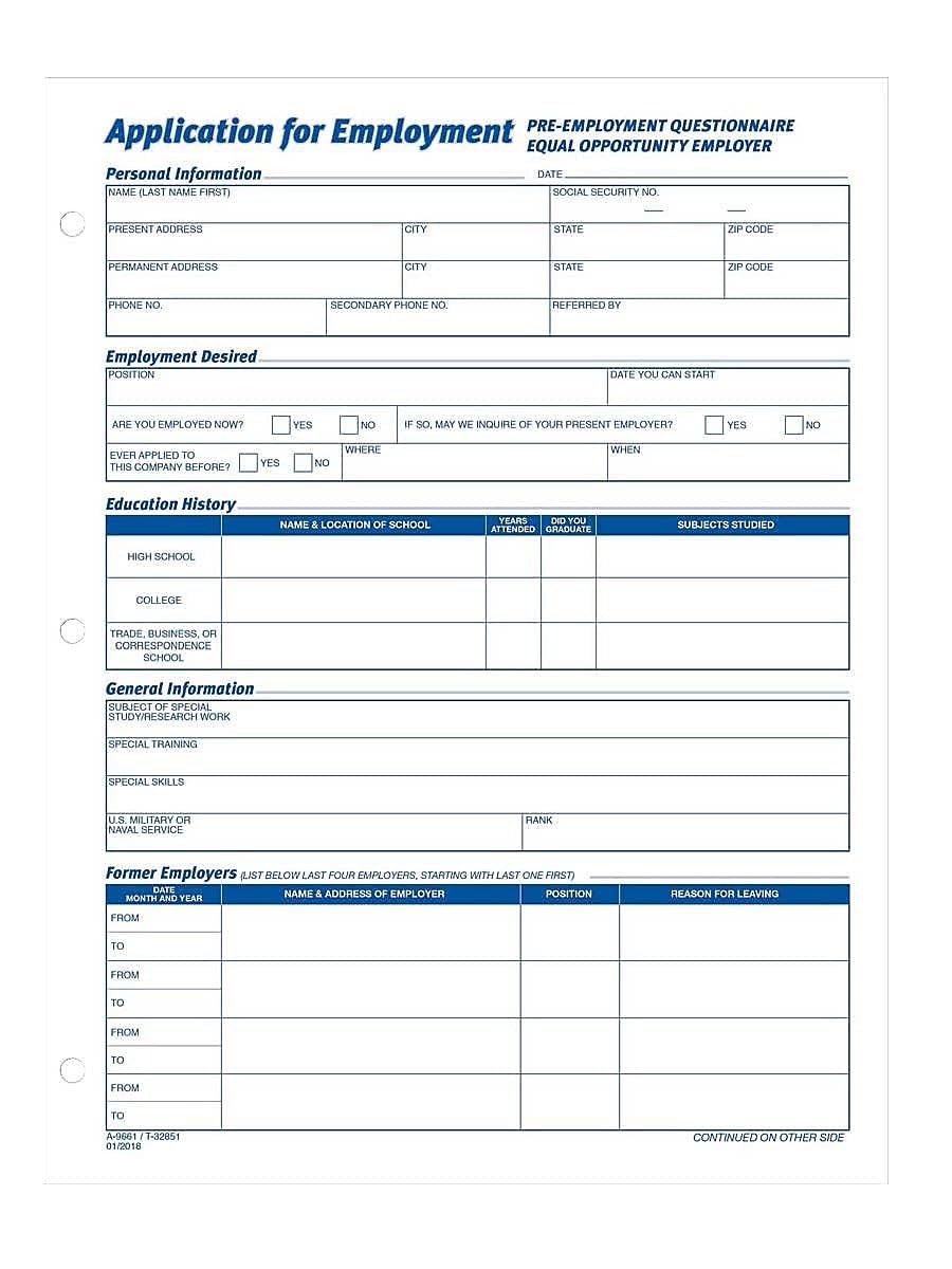 Adams Applications for Employment, 8.5 x 11 Inch, 3-Hole Punched, 50-Sheets/Pack, 2-Pack, White (9661)