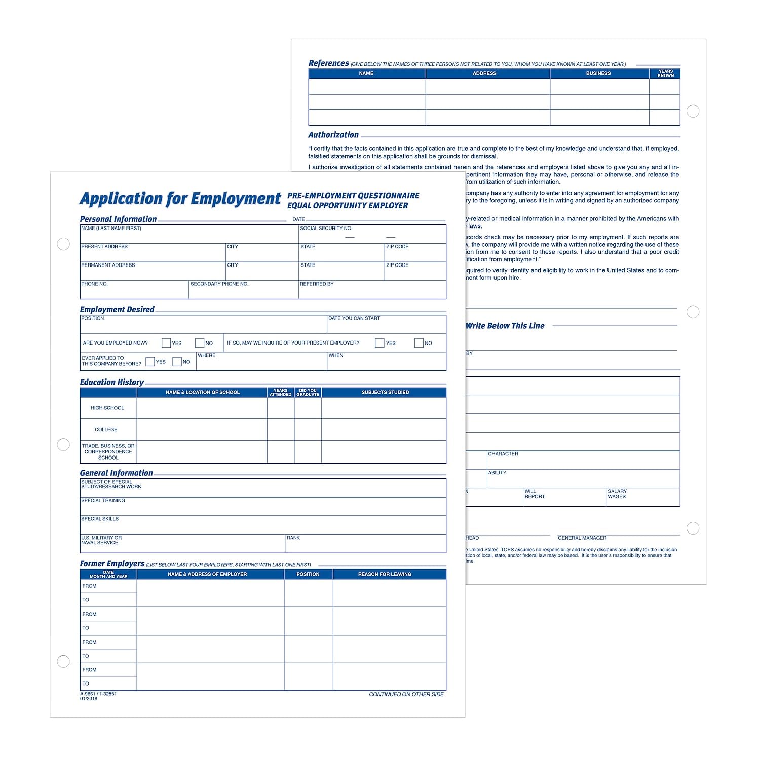 Adams Applications for Employment, 8.5 x 11 Inch, 3-Hole Punched, 50-Sheets/Pack, 2-Pack, White (9661)