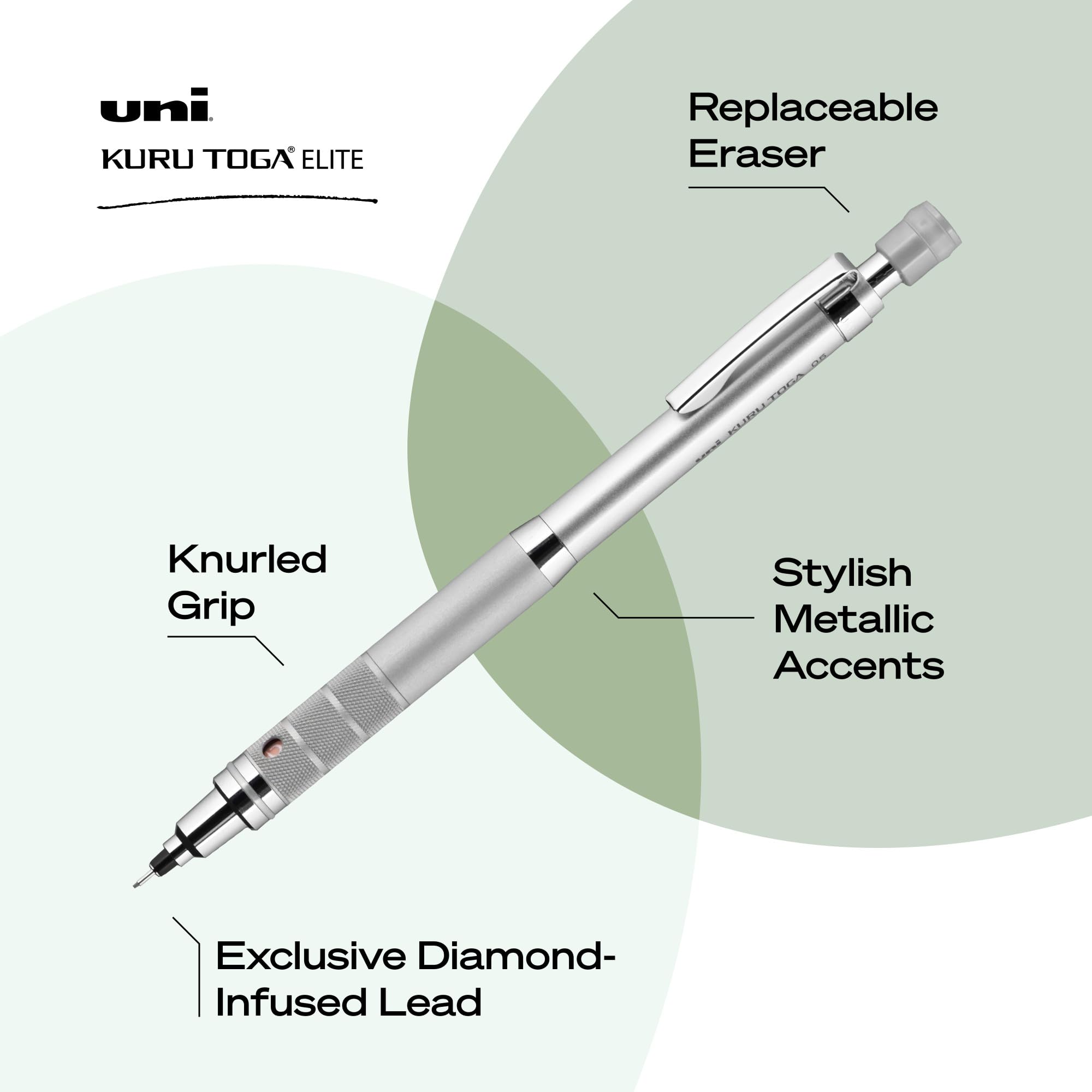 uni-ball Kuru Toga Elite Mechanical Pencil Starter Kit with Silver Barrel and 0.5mm Tip, 60 Lead Refills, and 5 Pencil Eraser Refills, HB #2