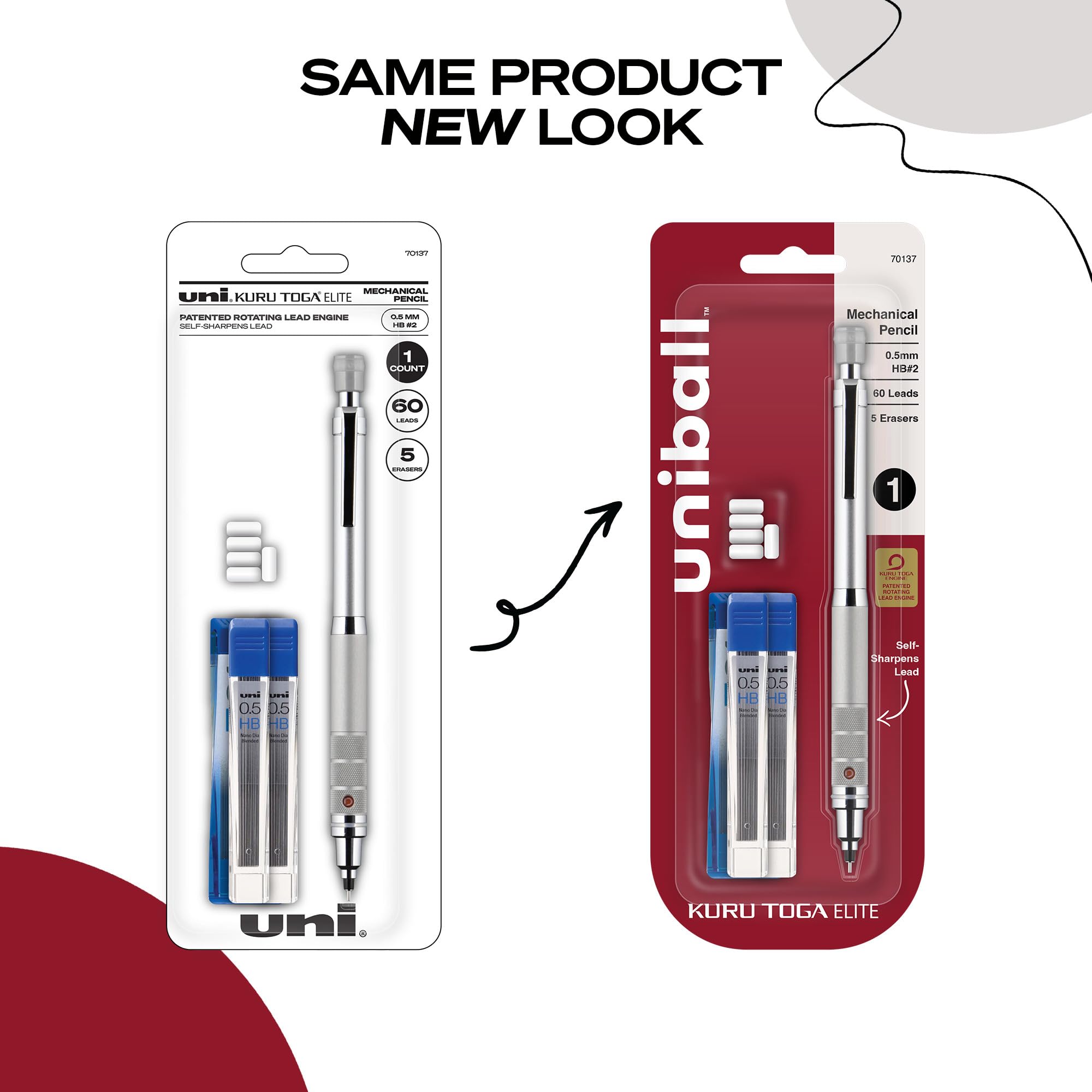 uni-ball Kuru Toga Elite Mechanical Pencil Starter Kit with Silver Barrel and 0.5mm Tip, 60 Lead Refills, and 5 Pencil Eraser Refills, HB #2
