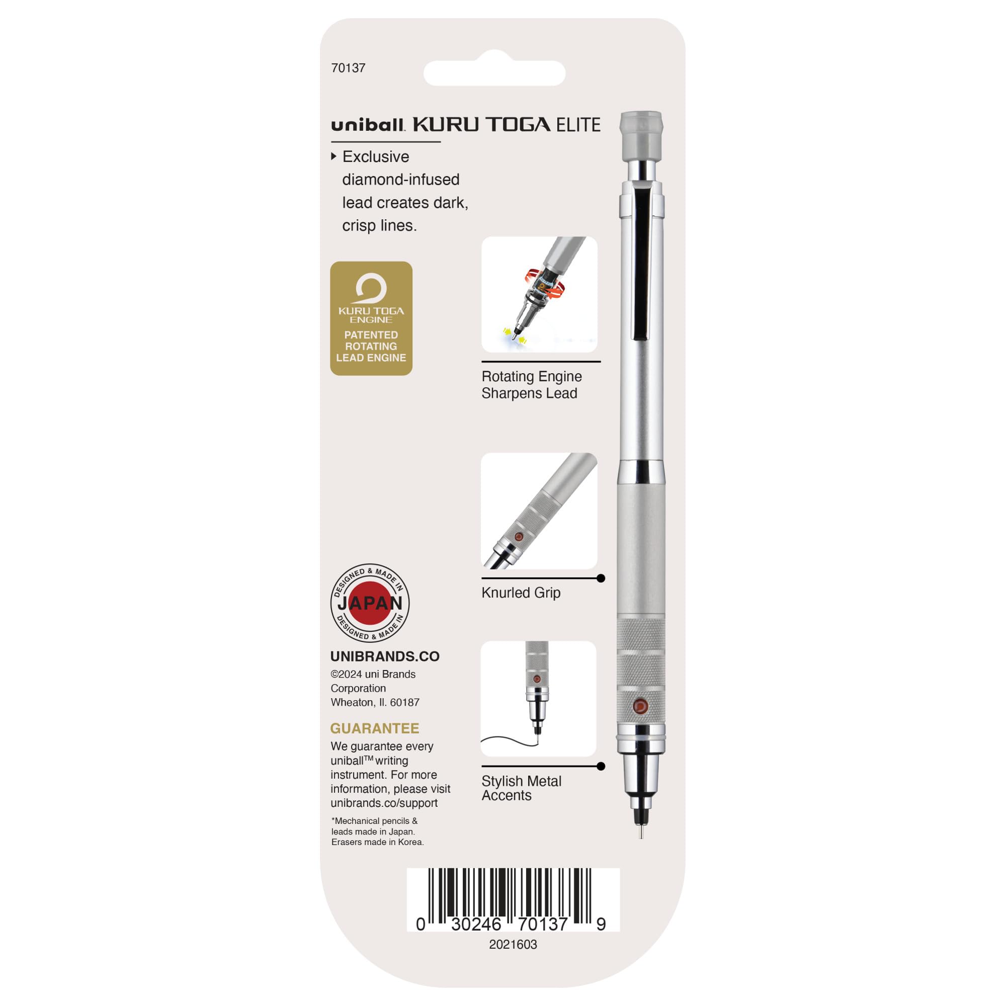 uni-ball Kuru Toga Elite Mechanical Pencil Starter Kit with Silver Barrel and 0.5mm Tip, 60 Lead Refills, and 5 Pencil Eraser Refills, HB #2