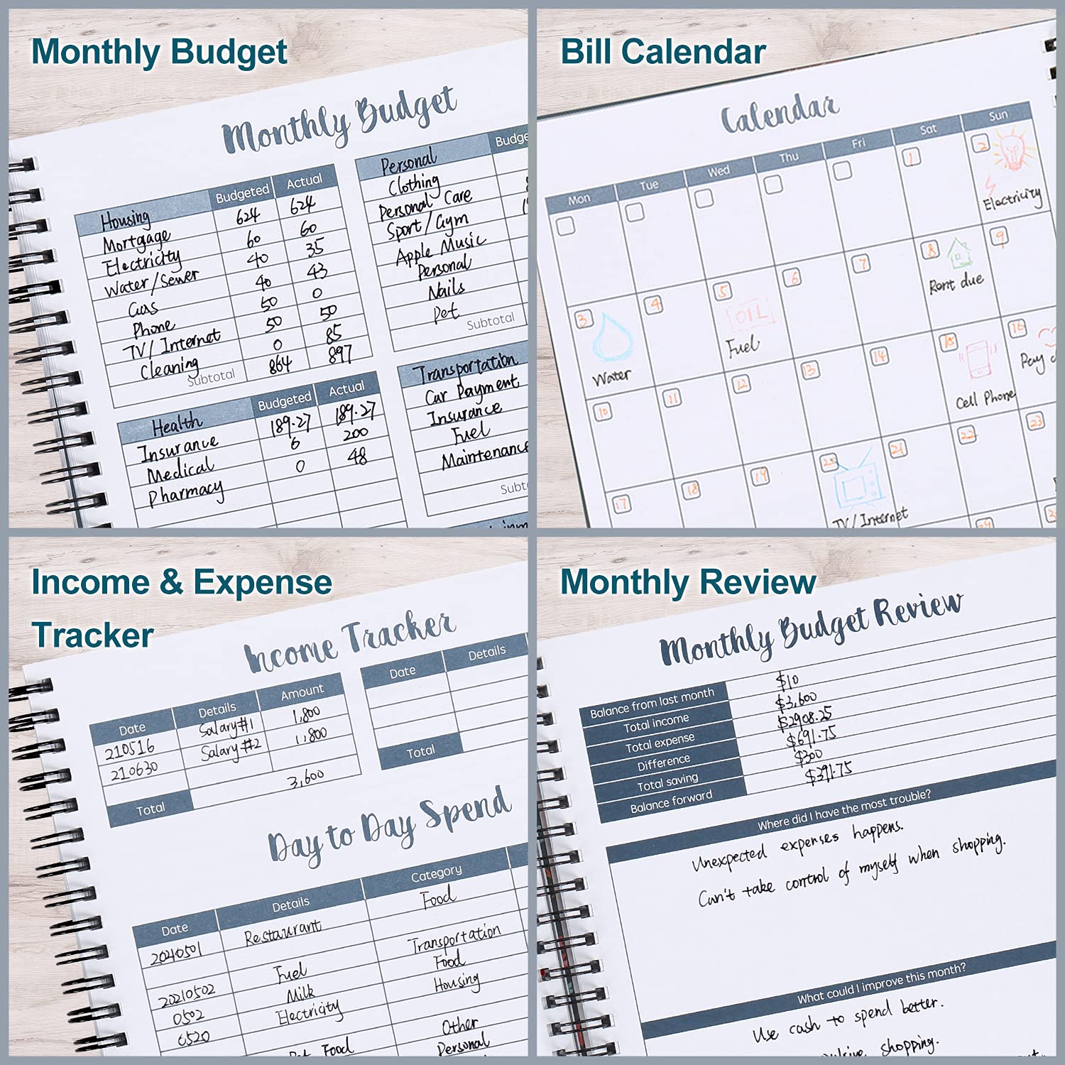 Monthly Budget Planner [Undated] with 12 Bill Pockets for Income, Debt, Saving, Expense and Bill Tracker Organizer, Blue, Floral Design