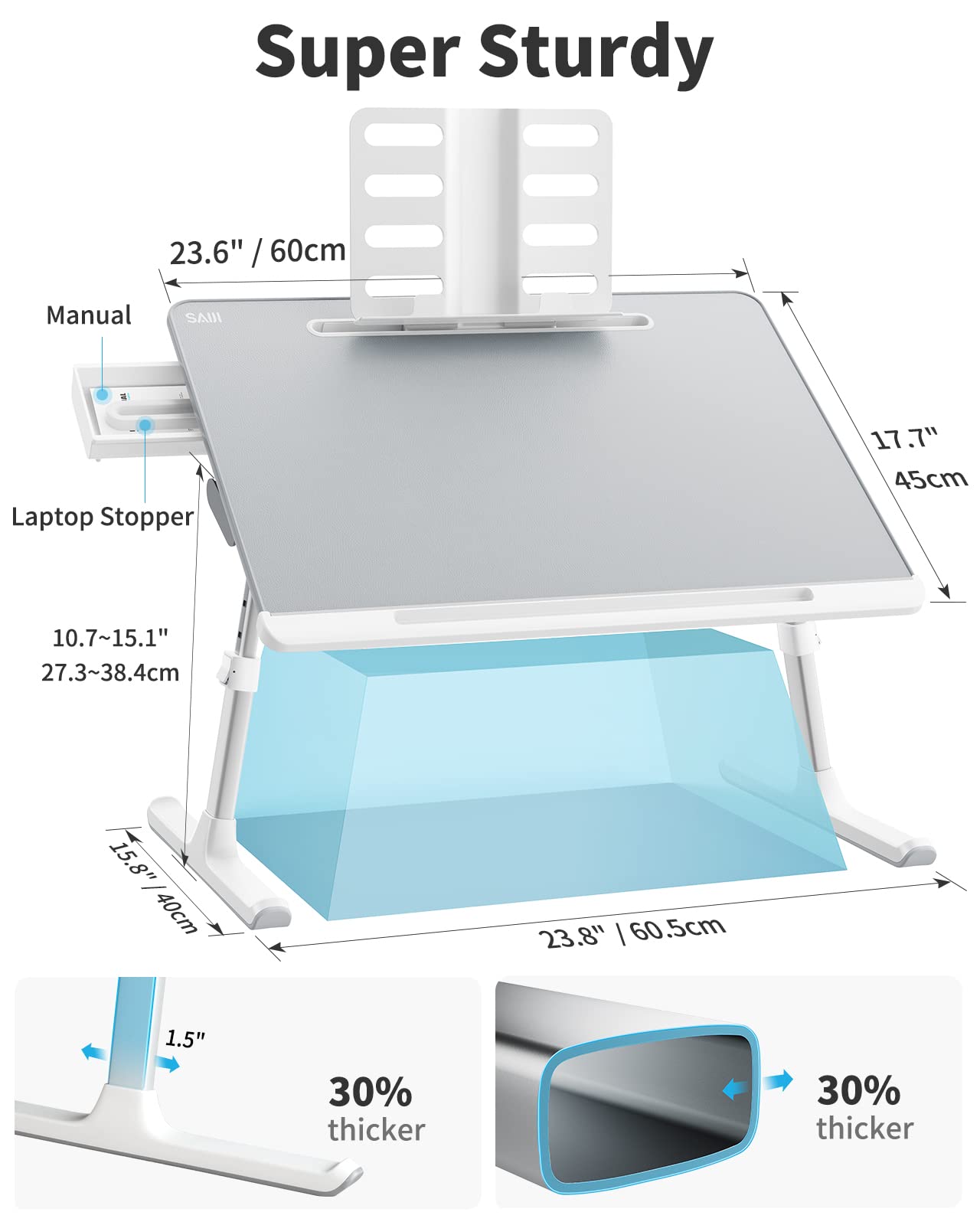 Laptop Bed Tray Desk, SAIJI Adjustable Laptop Stand for Bed, Foldable Laptop Table with Storage Drawer for Eating, Working, Writing, Gaming, Drawing (Gray, X-Large)
