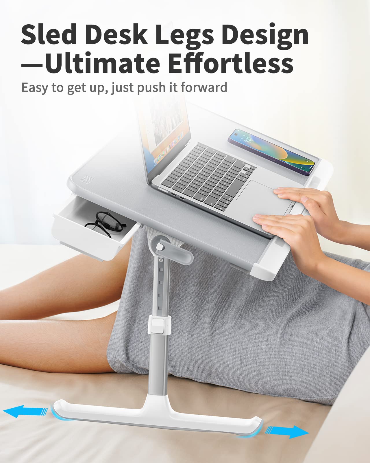 SAIJI Laptop Bed Tray Table, Laptop Computer Lap Desk for Bed, Laptop Bed Desk with Anti-Slip PVC Leather,Adjustable Laptop Stand for Bed Sofa Couch, Bed Trays for Eating Breakfast(Large,Gray)