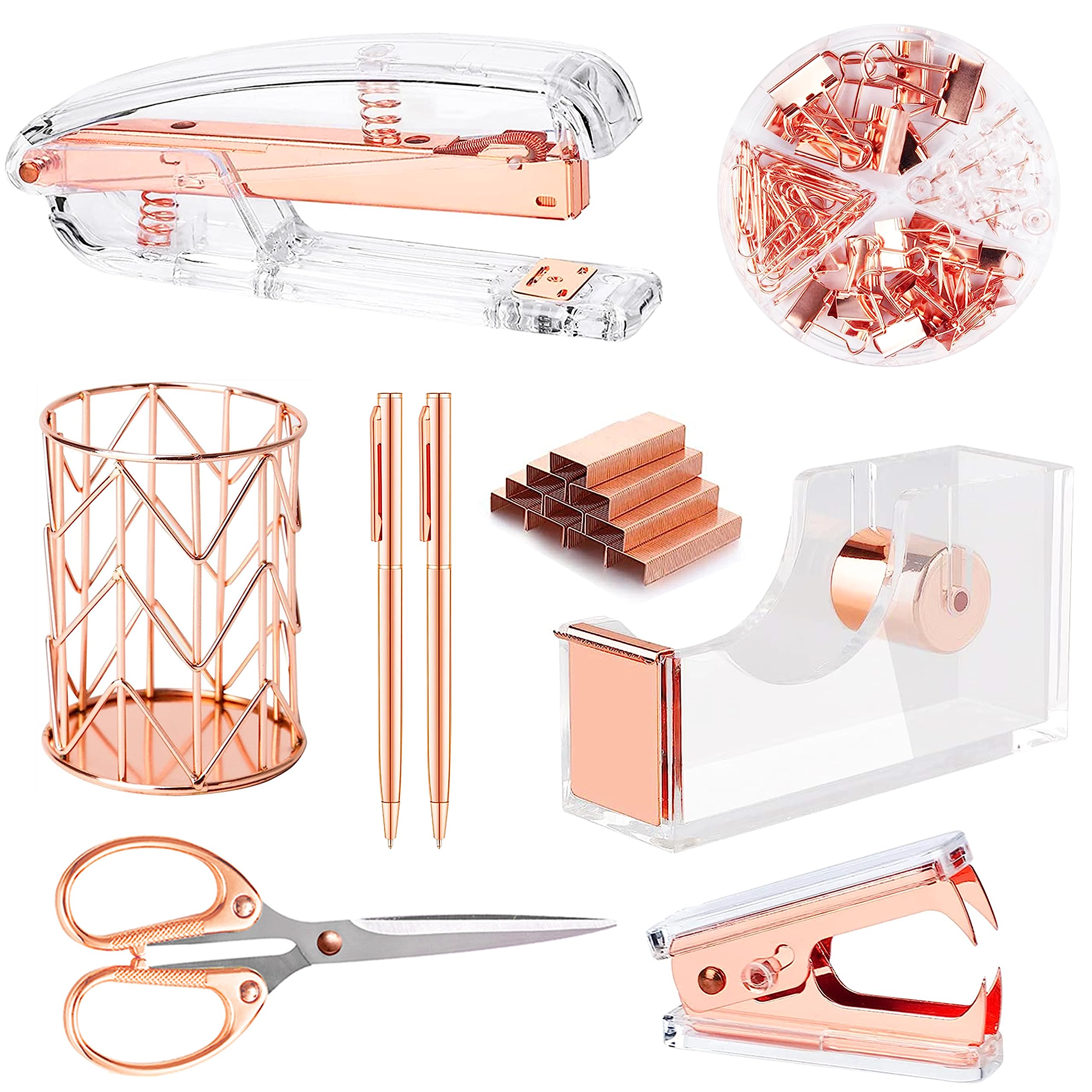 Famassi Rose Gold Desk Accessories，Office Supplies Set Acrylic Stapler Set Staple Remover, Tape Holder, Pen Holder, 2 Ballpoint Pen, Scissor, Binder Clips, Paper Clips and 1000pcs Staples.