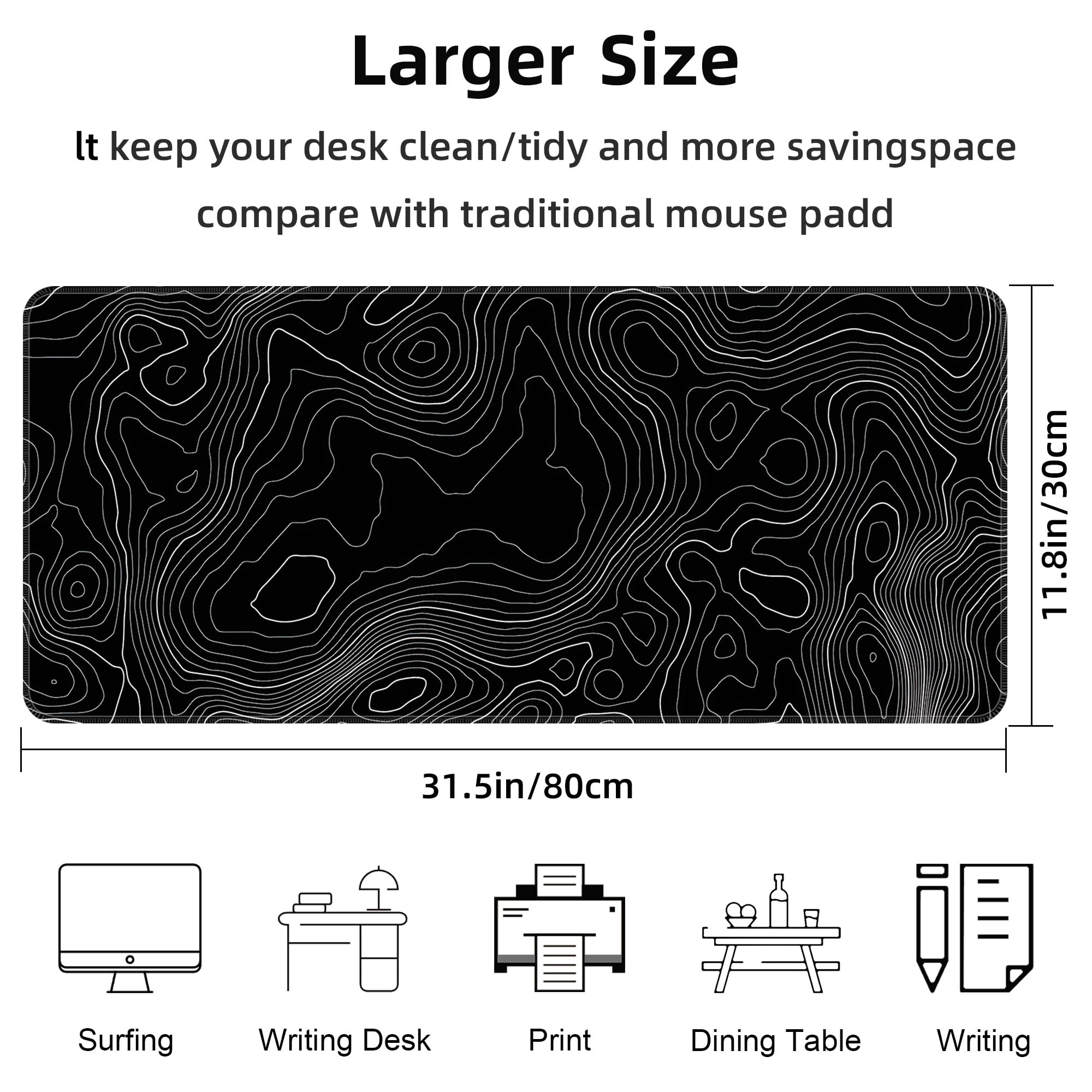 BZU Topographic Contour Extended Big Mouse Pad Large,XL Gaming Mouse Pad Desk Pad,31.5x11.8inch Long Computer Keyboard Mouse Mat Mousepad with 3mm Non-Slip Base and Stitched Edge for Home Office Work