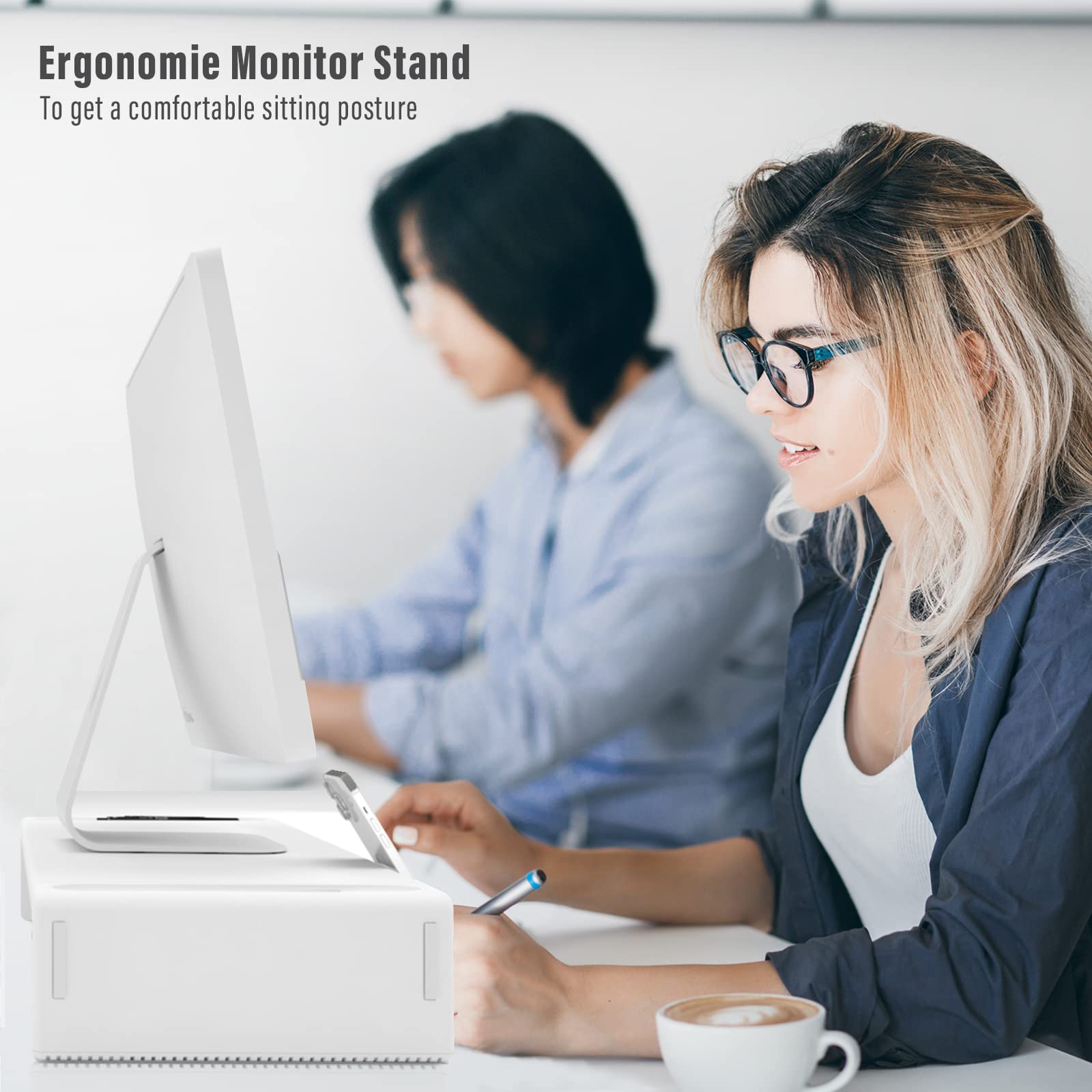 Monitor Stand Riser, OImaster Foldable Computer Monitor Riser, Adjustable Height Computer Stand and Storage Drawer & Pen Slot, Phone Stand Compatible Computer, Desktop, Laptop, Save Space (White)