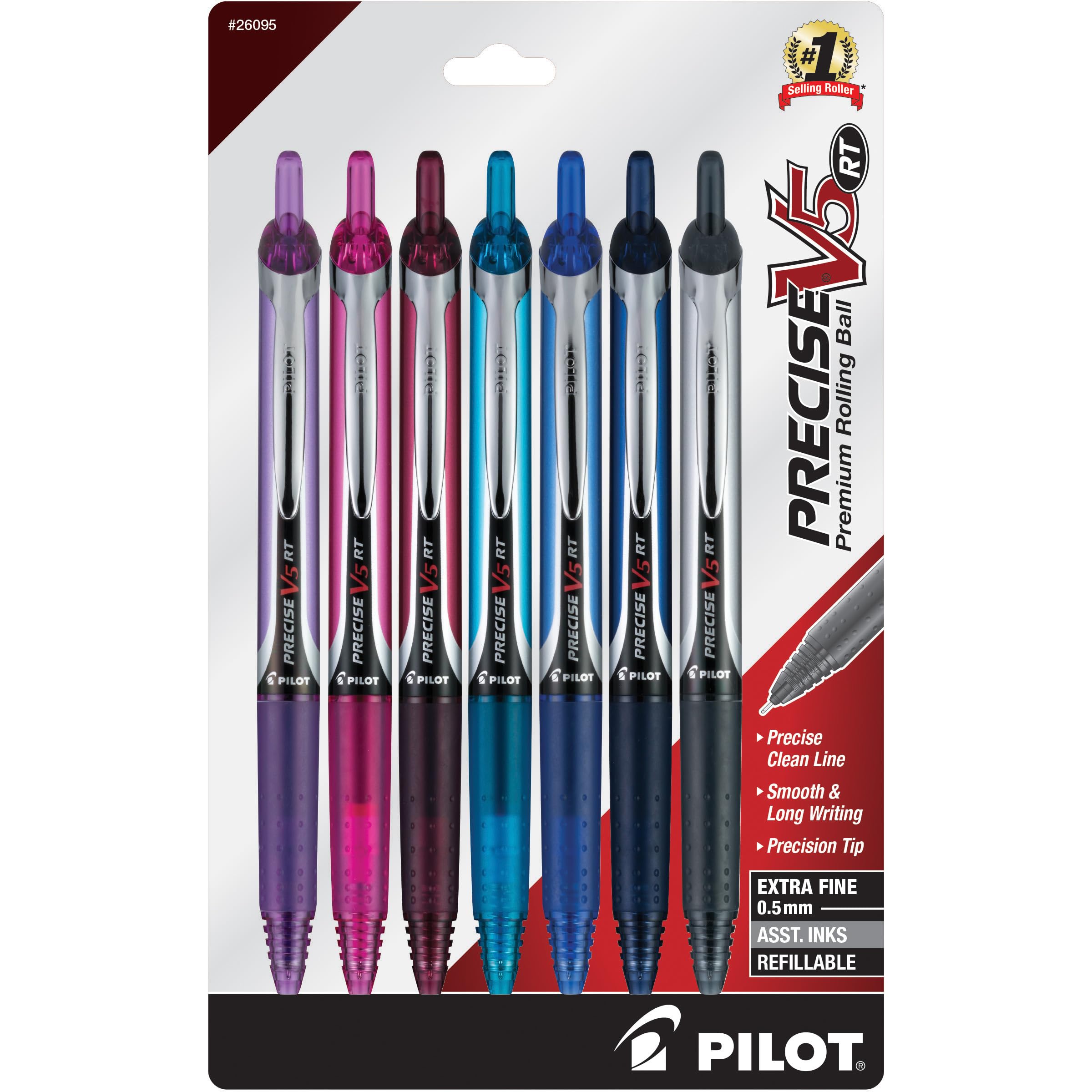 PILOT 26095 Precise V5 RT Refillable & Retractable Premium Rolling Ball Pens, Extra Fine Point (0.5mm), Assorted Colors, 7 count
