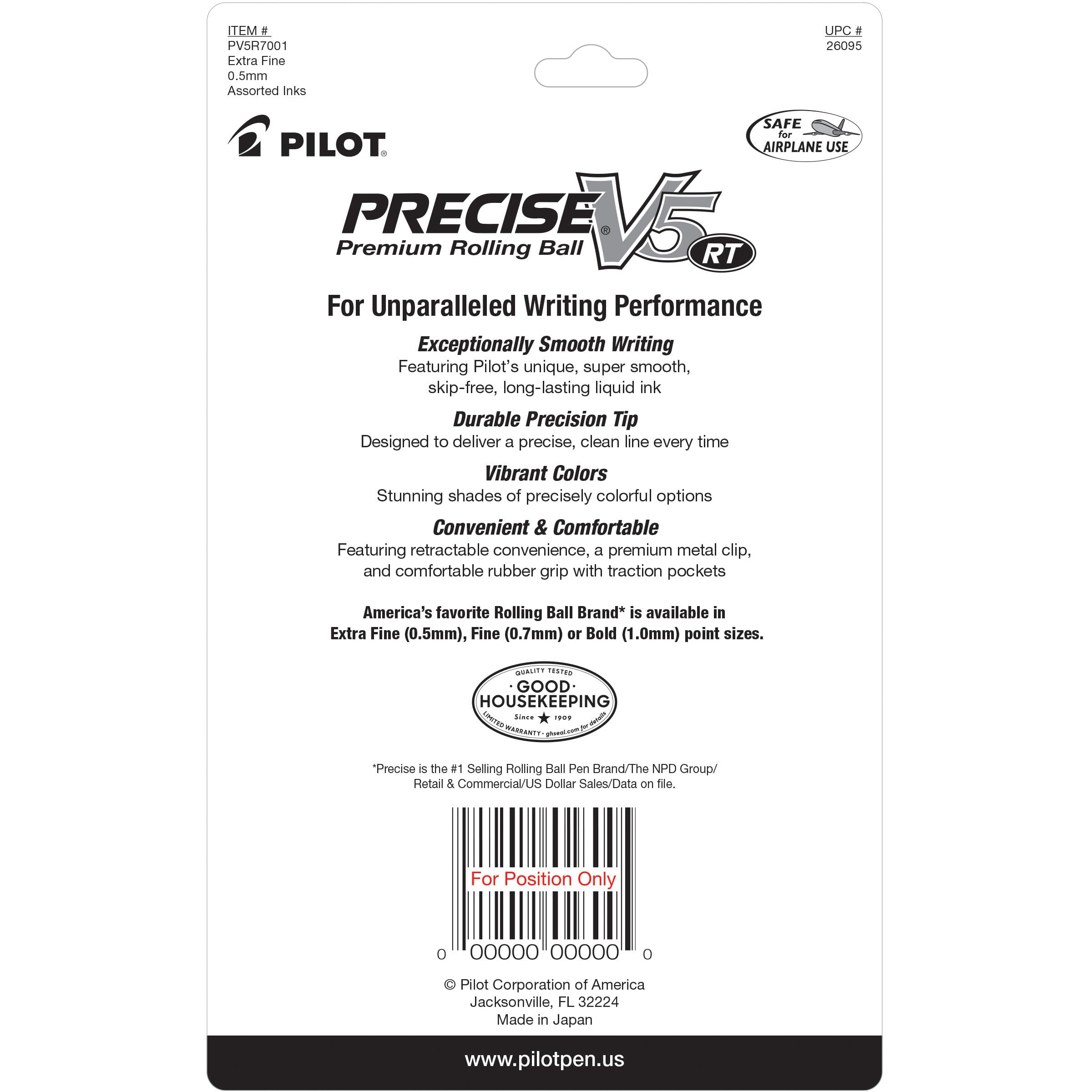 PILOT 26095 Precise V5 RT Refillable & Retractable Premium Rolling Ball Pens, Extra Fine Point (0.5mm), Assorted Colors, 7 count