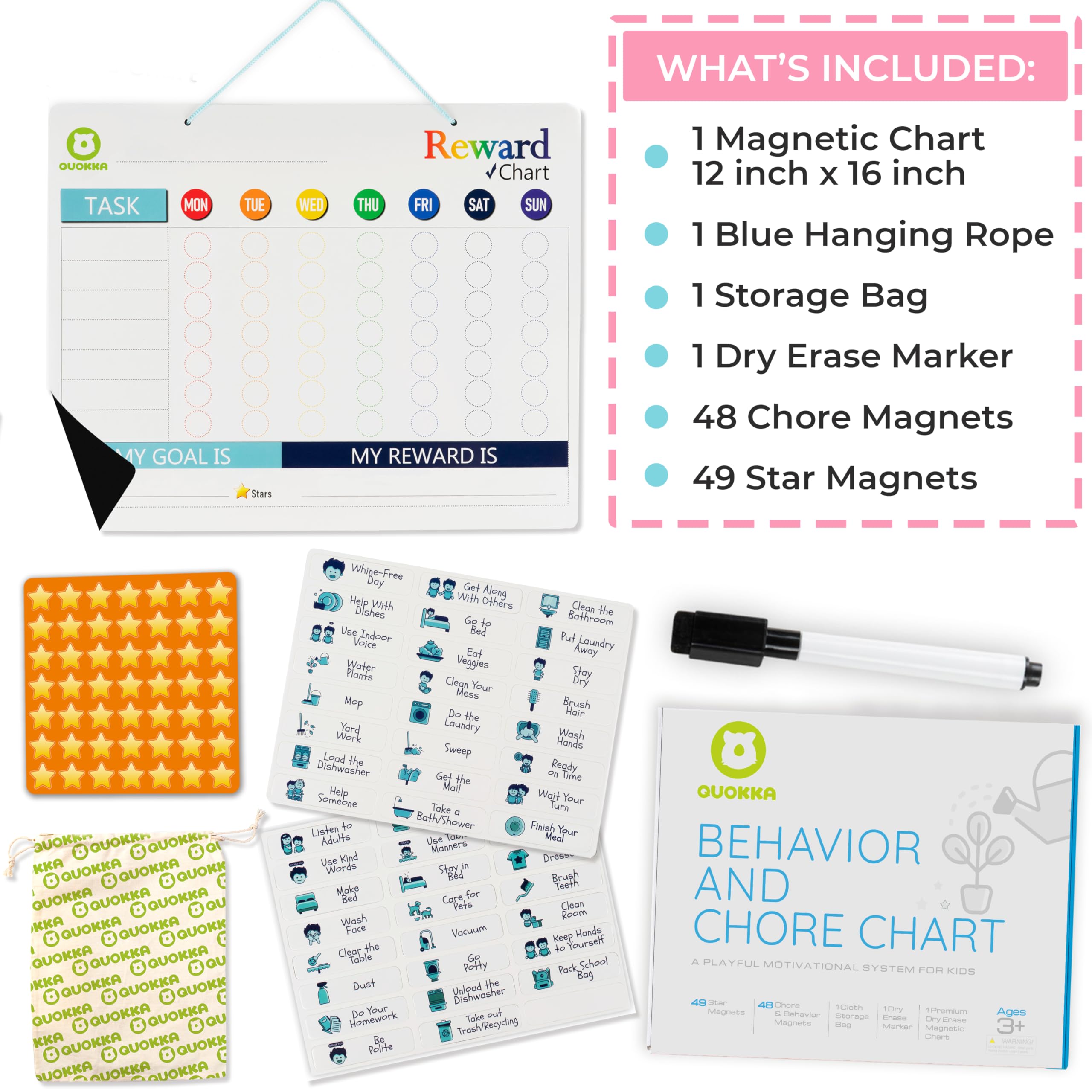 Chart to Finish Behavior Chart and Chore Chart for Kids, 12 x 16 inch Magnetic Chore Chart Also Hangs on The Wall, Includes 99 Magnets and Accessories, Accomodates All Ages from Toddlers to Teens