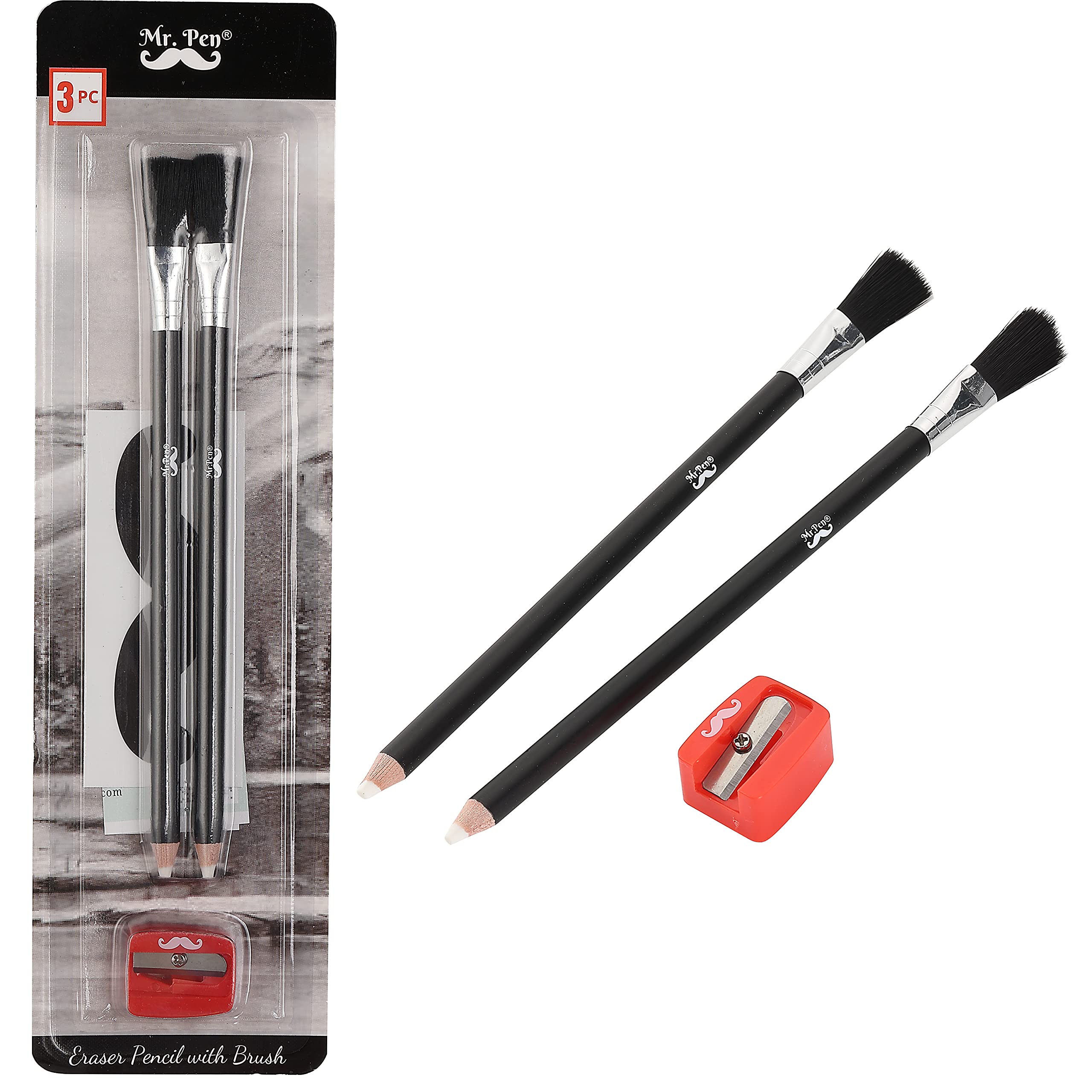 Mr. Pen- Eraser Pencil with Brush, 3 pcs, 2 Eraser Pencils with Brush and 1 Sharpener, Pencil Brush Eraser, Pencil Eraser with Brush, Eraser Pencils for Artists, Eraser Pencils for Drawing