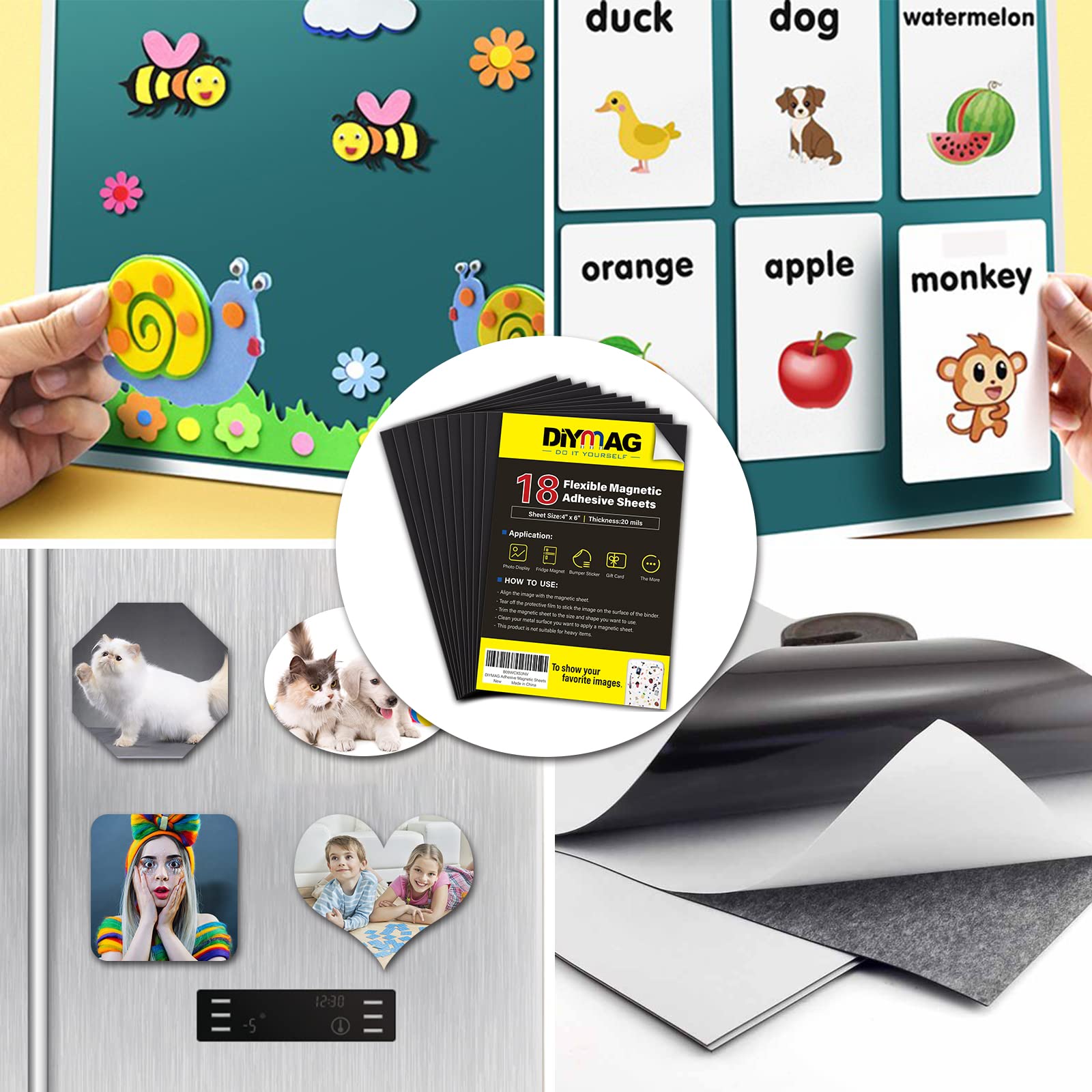 DIYMAG Magnetic Adhesive Sheets, |4" x 6"|, 18 Pack,Cuttable Magnetic Sheets,Flexible Magnet Sheets with Adhesive for Crafts, Photos and Die Storage, Easy Peel and Stick