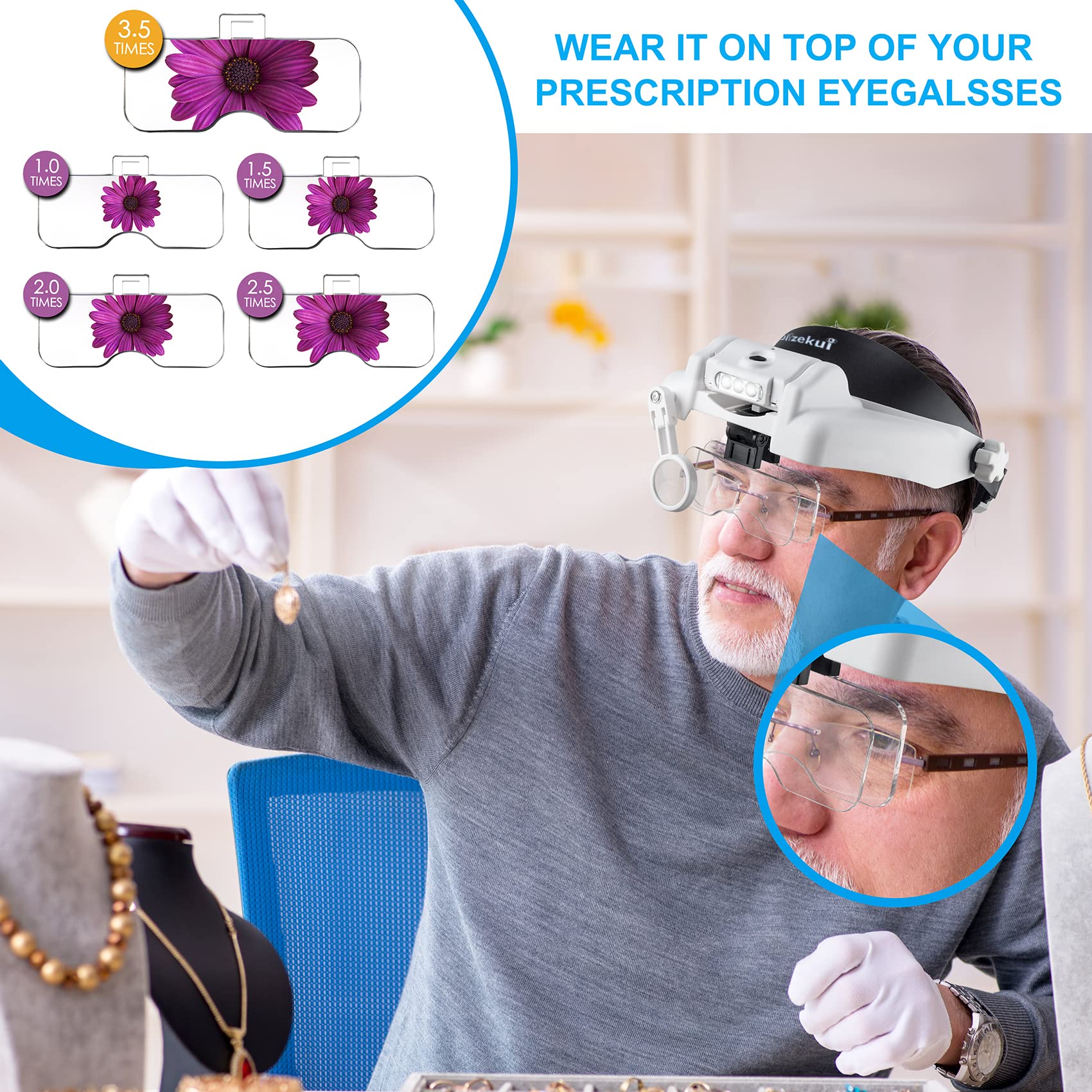 Dilzekui Head Mount Magnifier with LED Light, Rechargeable Headband Magnifier, Head-Mounted Magnifying Glass with 6 Detachable Lens, Handsfree Magnifying Glasses for Jewelers Loupe, Crafts, Repair