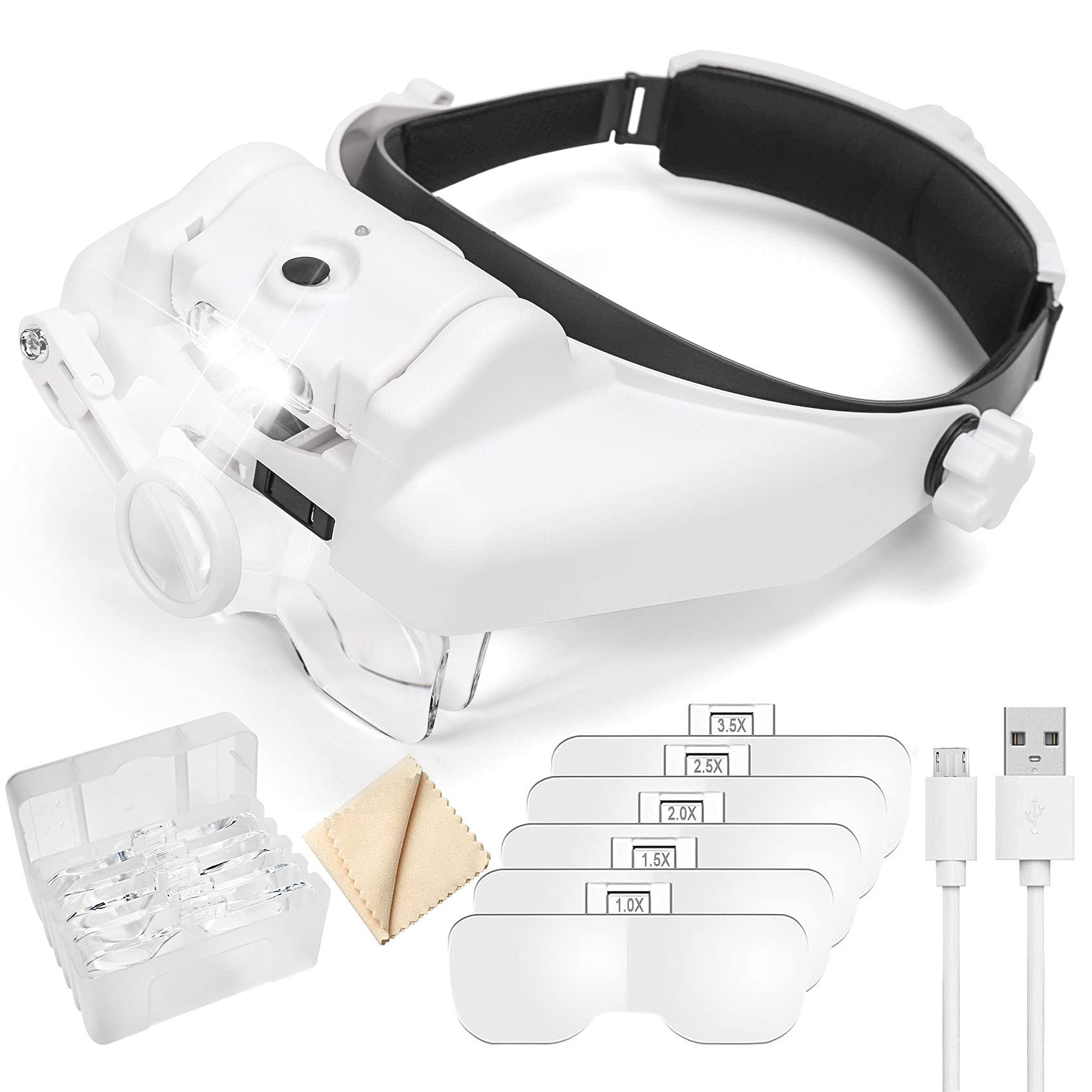 Dilzekui Head Mount Magnifier with LED Light, Rechargeable Headband Magnifier, Head-Mounted Magnifying Glass with 6 Detachable Lens, Handsfree Magnifying Glasses for Jewelers Loupe, Crafts, Repair
