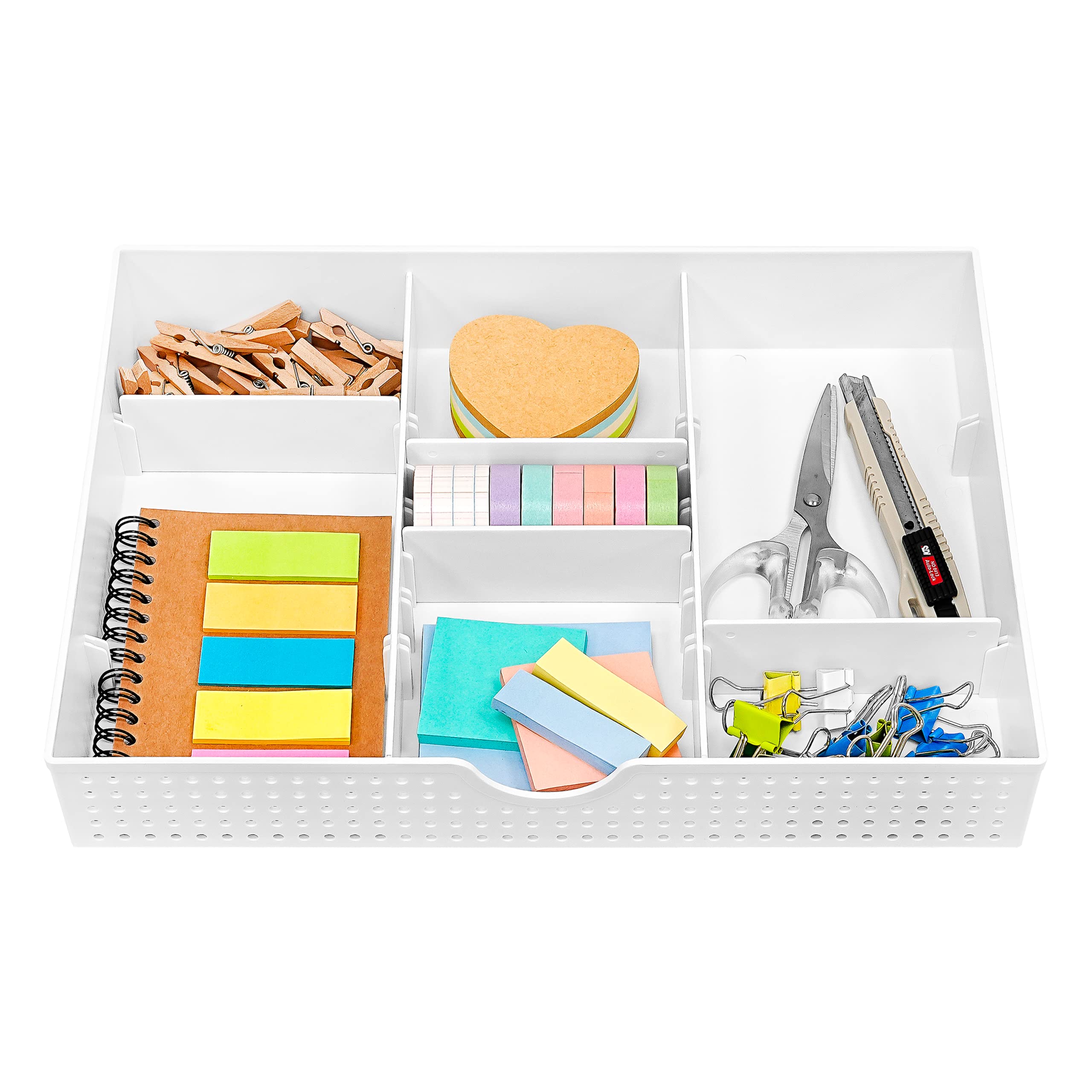 CAXXA 3 Slot Drawer Organizer with Two Adjustable Dividers - Drawer Storage 5 Compartments Junk Drawer Organizer for Office Desk Supplies and Accessories, White