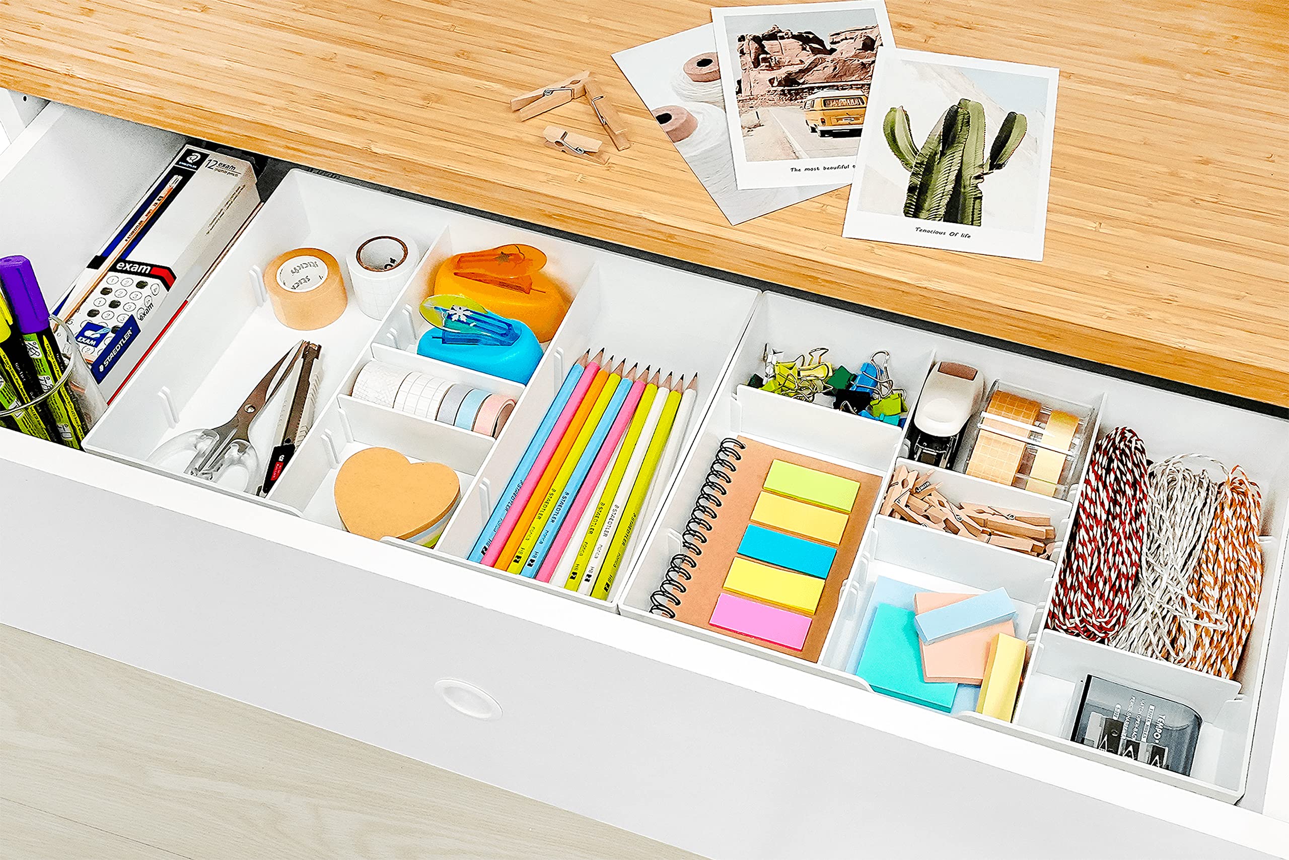 CAXXA 3 Slot Drawer Organizer with Two Adjustable Dividers - Drawer Storage 5 Compartments Junk Drawer Organizer for Office Desk Supplies and Accessories, White