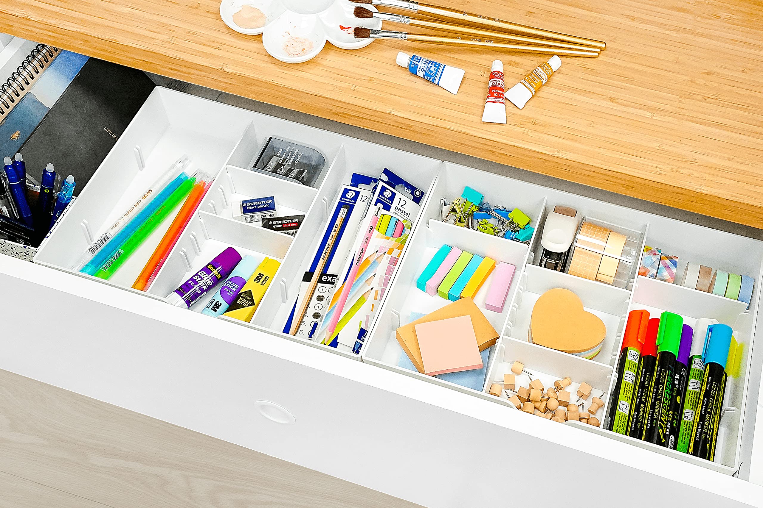 CAXXA 3 Slot Drawer Organizer with Two Adjustable Dividers - Drawer Storage 5 Compartments Junk Drawer Organizer for Office Desk Supplies and Accessories, White