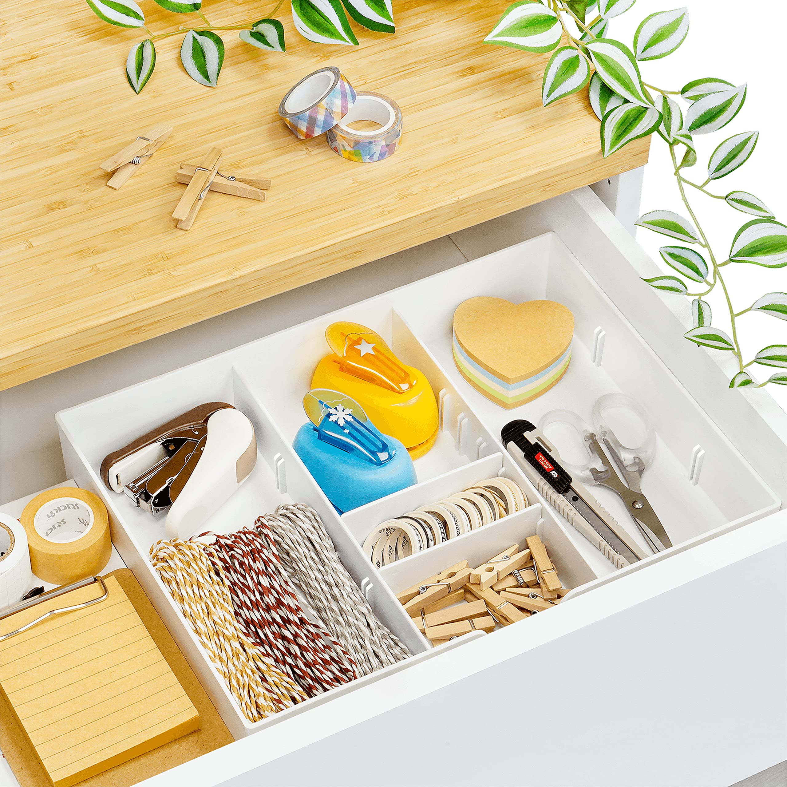 CAXXA 3 Slot Drawer Organizer with Two Adjustable Dividers - Drawer Storage 5 Compartments Junk Drawer Organizer for Office Desk Supplies and Accessories, White
