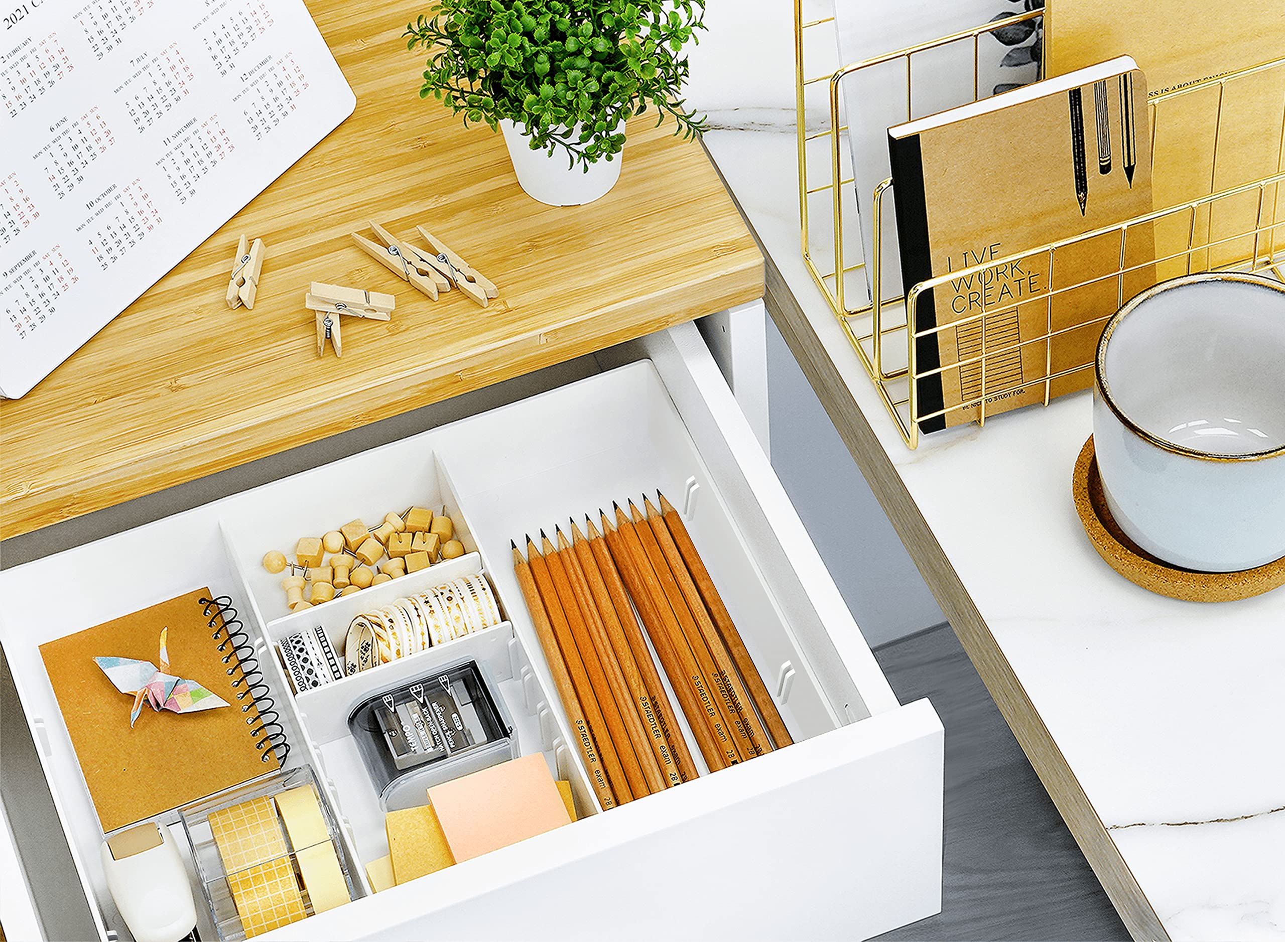 CAXXA 3 Slot Drawer Organizer with Two Adjustable Dividers - Drawer Storage 5 Compartments Junk Drawer Organizer for Office Desk Supplies and Accessories, White