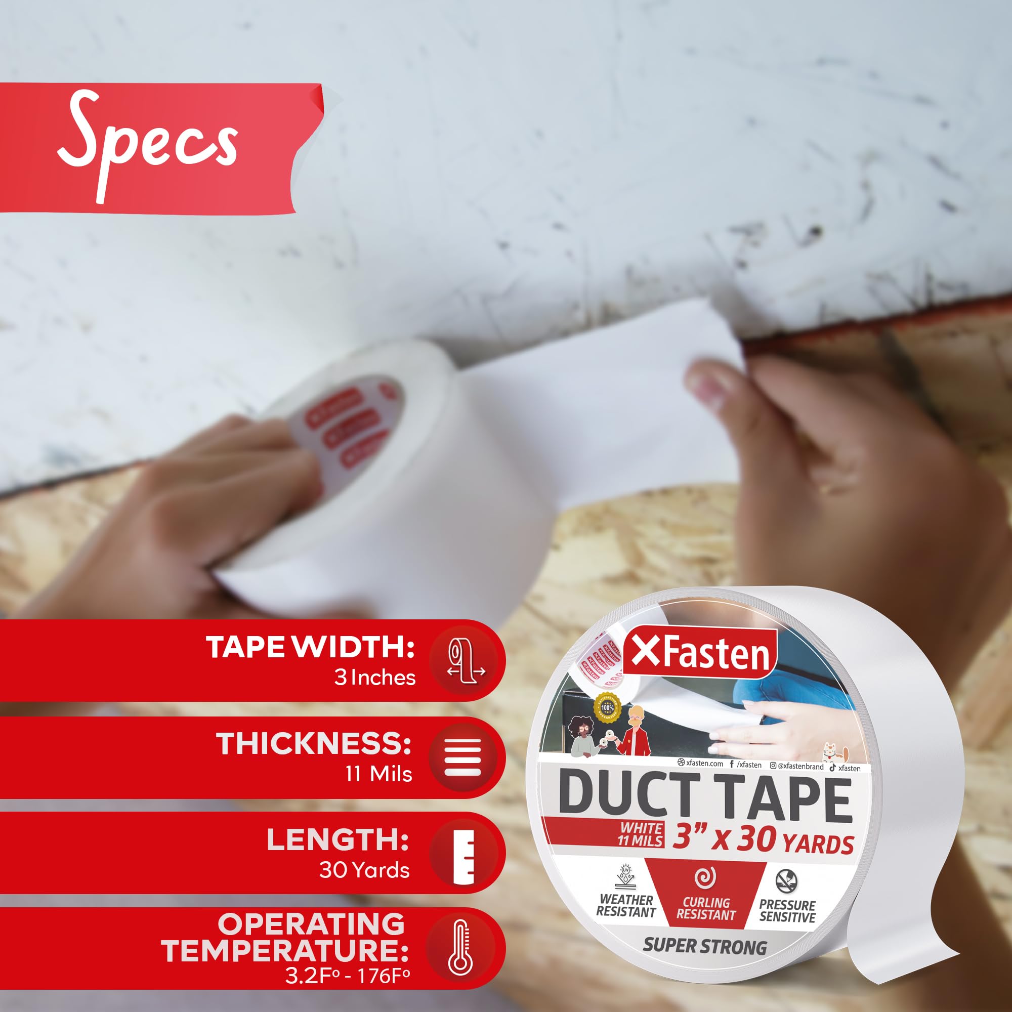 XFasten Super Strong Duct Tape, White, 3" x 30 Yards, Waterproof Duct Tape for Outdoor, Indoor, School and Industrial Use