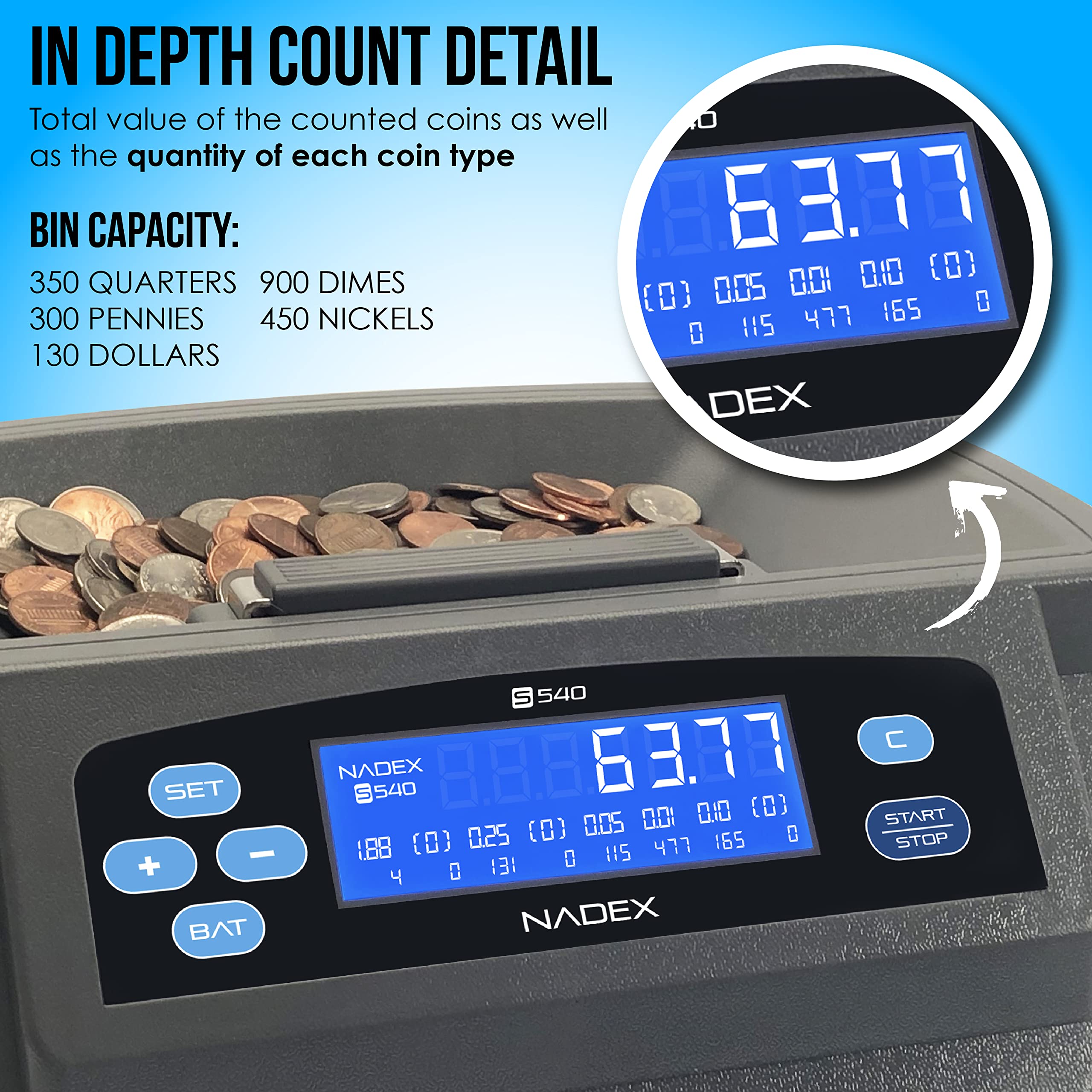 Nadex S540 Pro | Coin Counter, Sorter, and Wrapper | Sorts up to 300 Coins Per Minute | Comes with 48 Preformed Wrappers