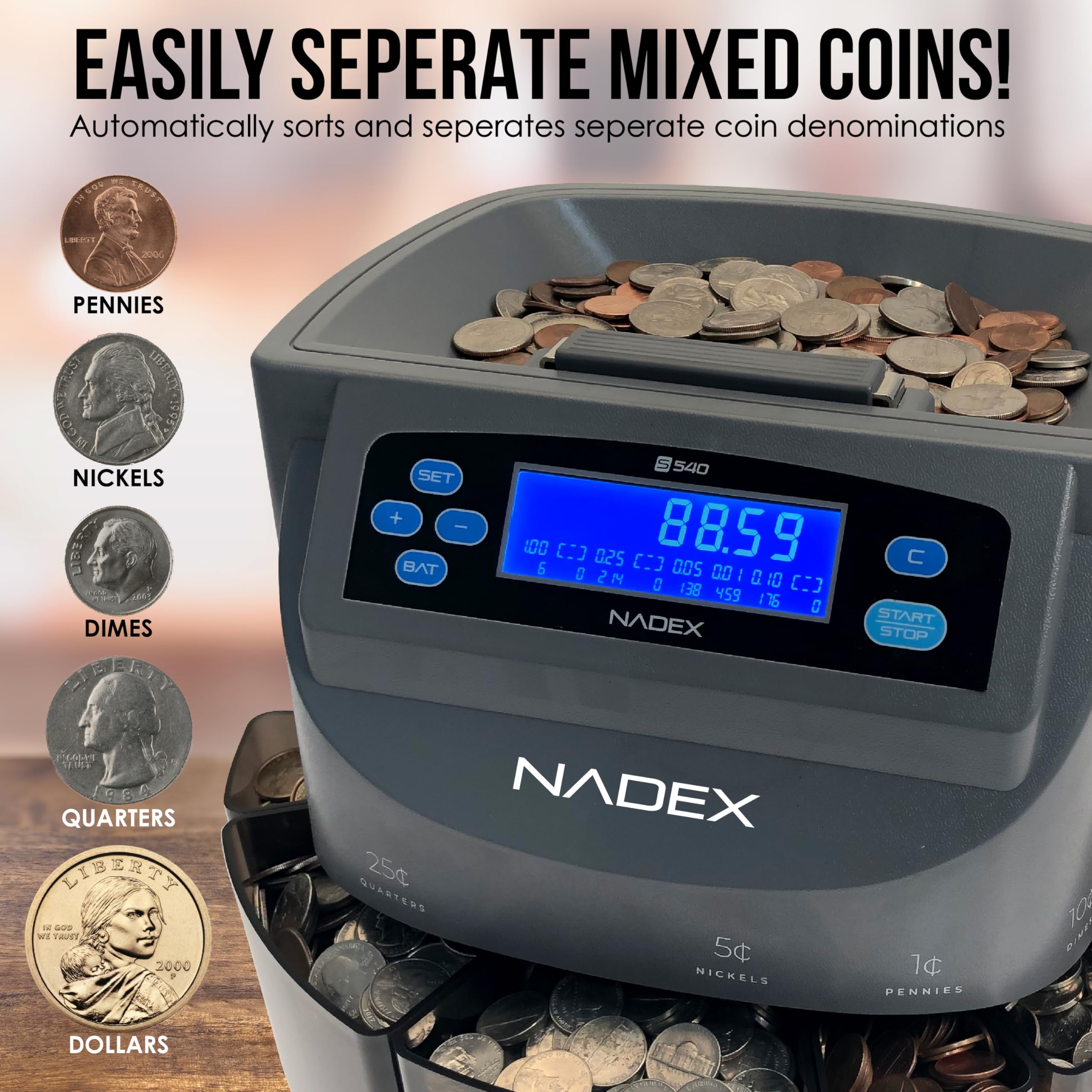 Nadex S540 Pro | Coin Counter, Sorter, and Wrapper | Sorts up to 300 Coins Per Minute | Comes with 48 Preformed Wrappers