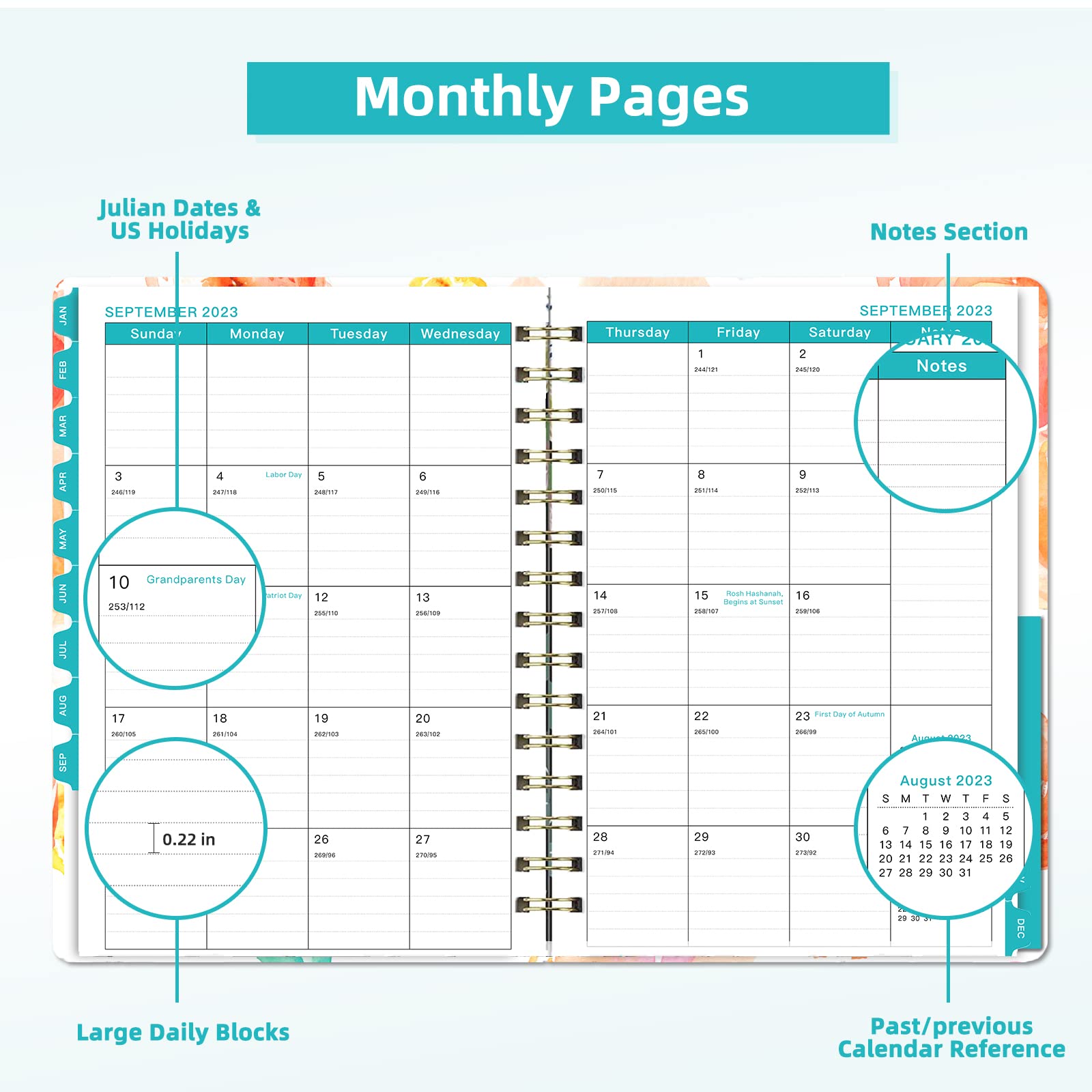 Ymumuda 2023 Planner, Weekly Monthly Planner 2023, 12-Month School Planner from JAN.2023 to DEC.2023, 8.4" X 6", Spiral Planner Notebook with Stickers, Elastic Closure, Inner Pocket, Coated Tabs, Watercolor Floral