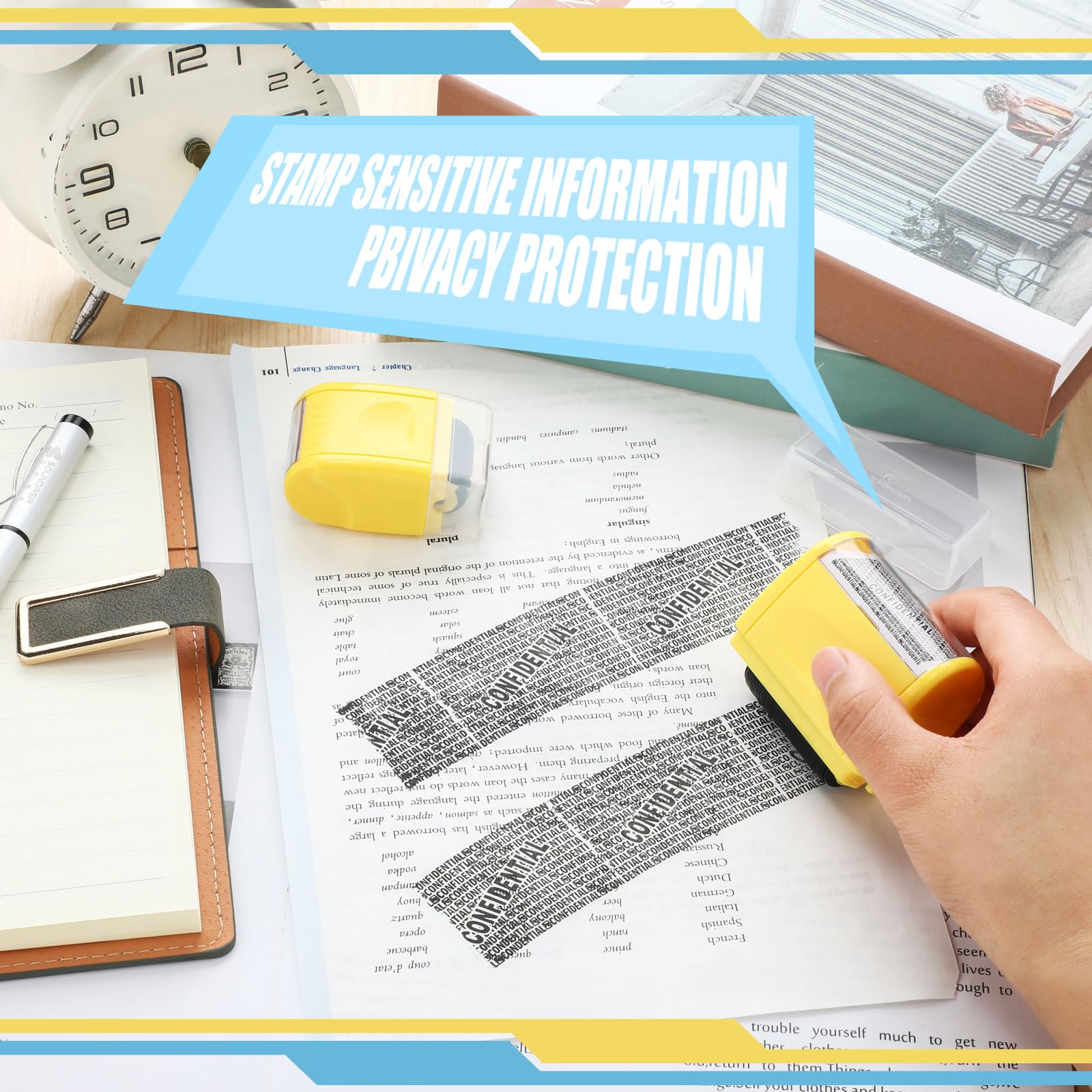 2 Pack Identity Theft Protection Roller Stamp Set Yellow Confidential Roller Stamp Privacy Stamp Information Blocker Stamp and 4 Pack Refill Ink for ID Account Address Privacy Information Security