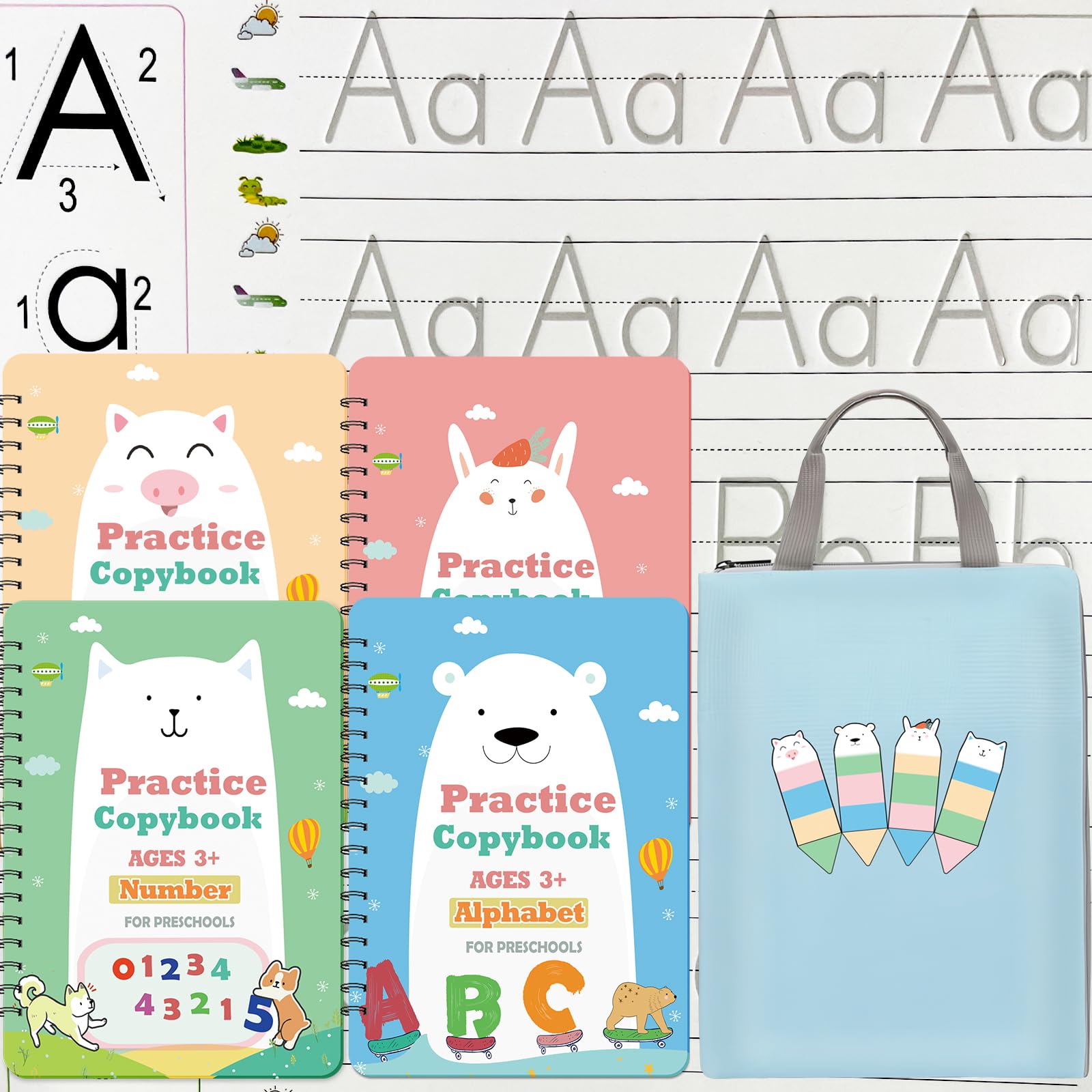 Learn-Journey Upgraded Large Size Magic Practice Copybook for Kids, Handwriting Practice Workbook, Reusable Writing Practice Book for Preschools(4 Books with Pens)-Blue Bag