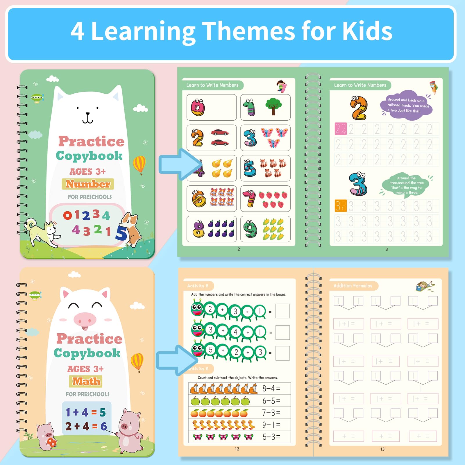 Learn-Journey Upgraded Large Size Magic Practice Copybook for Kids, Handwriting Practice Workbook, Reusable Writing Practice Book for Preschools(4 Books with Pens)-Blue Bag