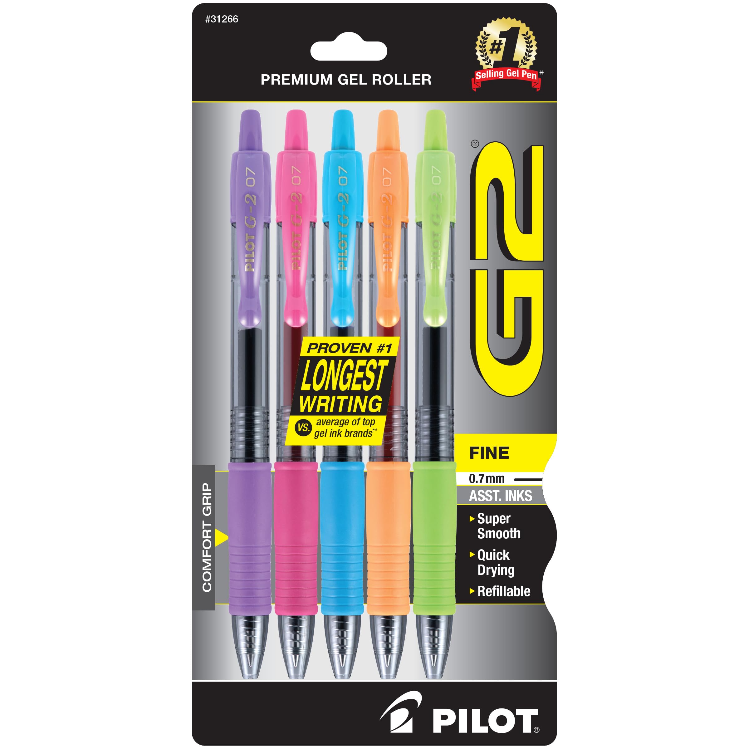 PILOT G2 Premium Refillable and Retractable Rolling Ball Gel Pens, Fine Point, Purple/Pink/Turquoise/Orange/Lime Inks, 5-Pack (31266)