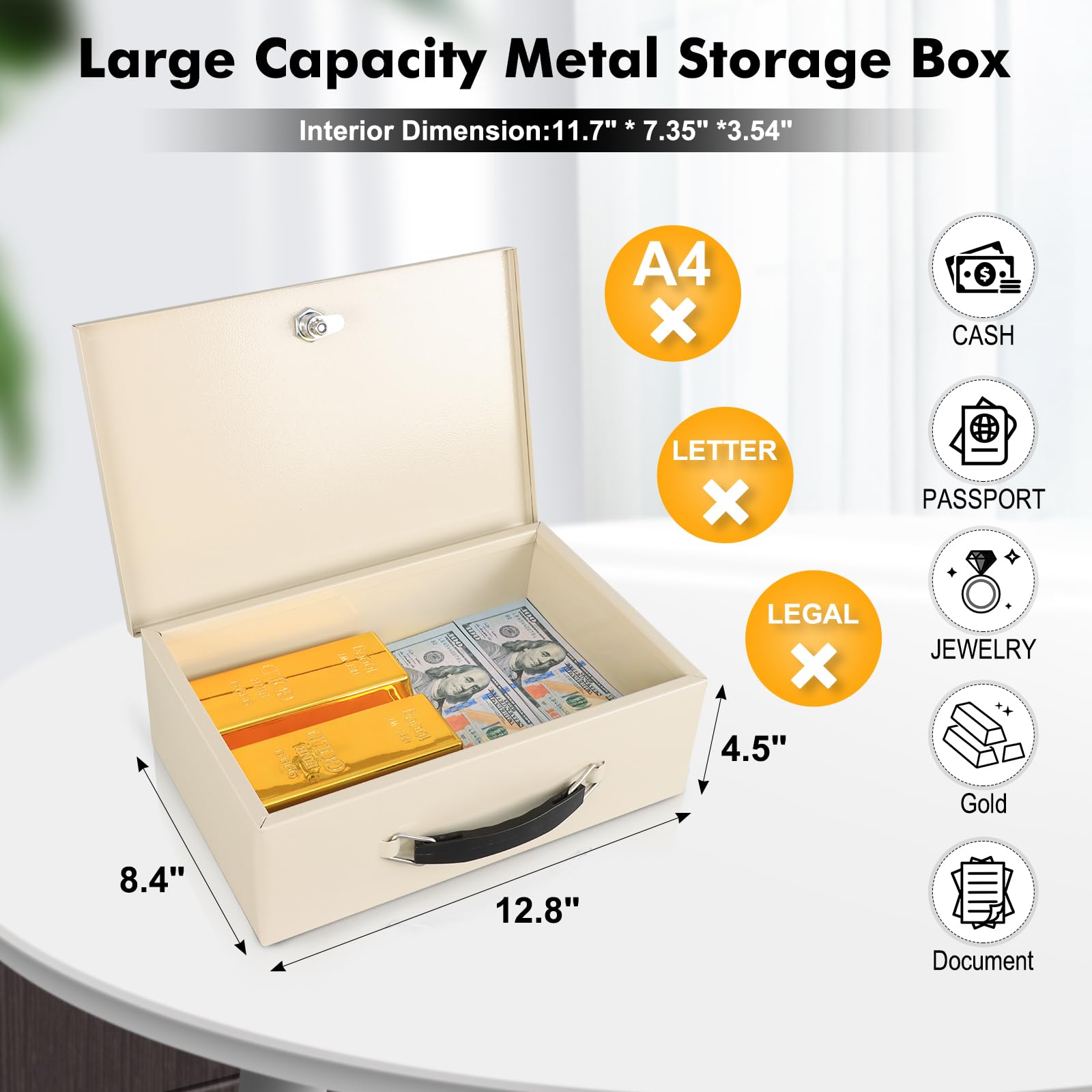 KYODOLED Fireproof Document Box with Key Lock,Safe Storage Box for Valuables,Fire Resistance Security Chest,Fireproof Box for Documents,Passport,Cash,Tablet 12.8'' x 8.4'' x 4.5'' Beige