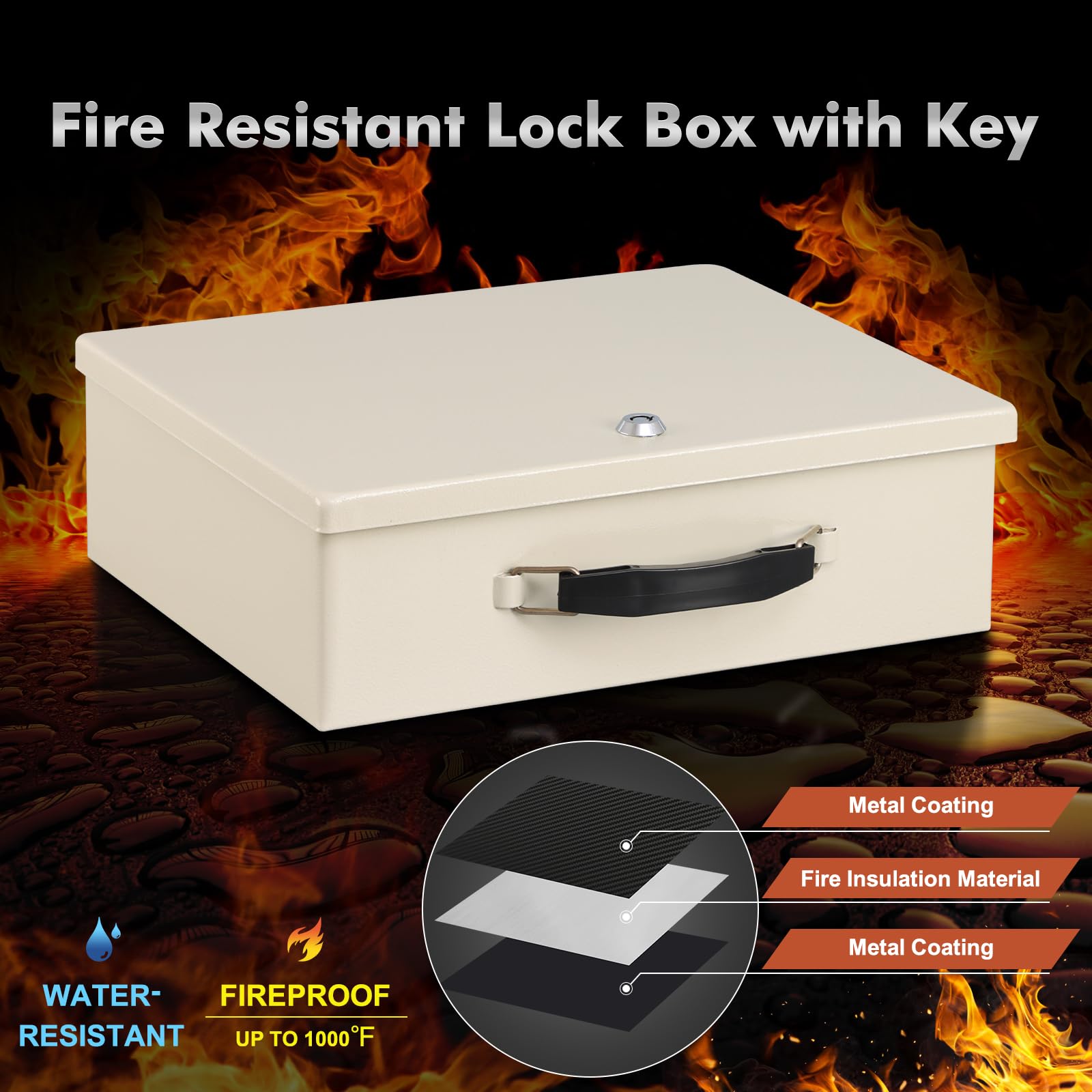KYODOLED Fireproof Document Box with Key Lock,Safe Storage Box for Valuables,Fire Resistance Security Chest,Fireproof Box for Documents,Passport,Cash,Tablet 12.8'' x 8.4'' x 4.5'' Beige