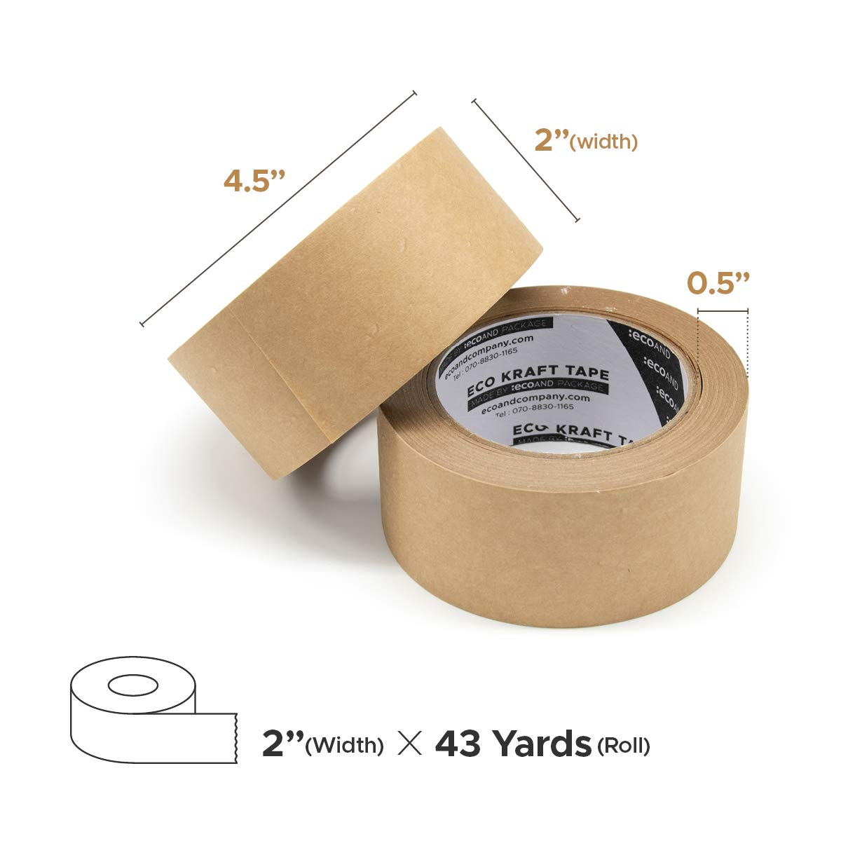 ECOAND Brown Kraft Paper Tape, 2” x 43 Yards, Writable Non-Coated Surface for Masking, Sealing, and Packaging Use, Eco-Friendly and Recyclable, Easy-to-Tear (Non-Printed)