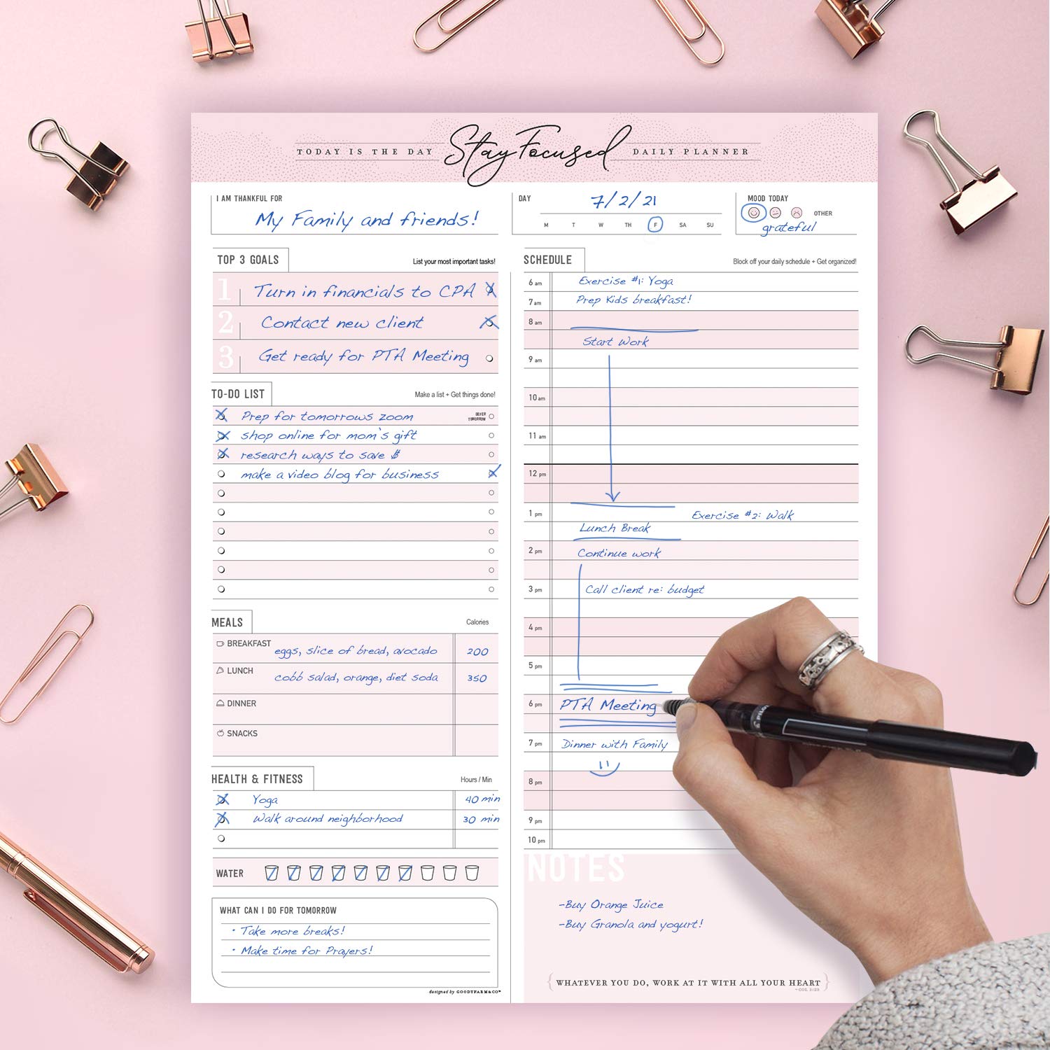 Daily Planner Notepad To Do Schedule- 50 Tear off Premium Stay Focused Made USA 8.5" x 11"