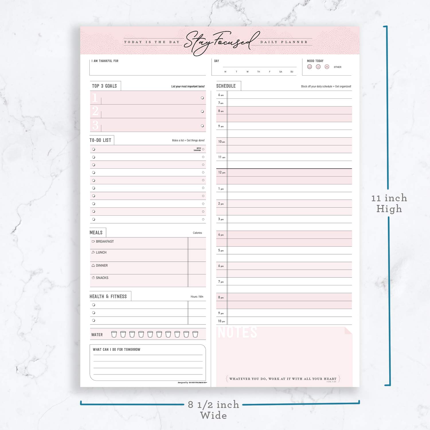 Daily Planner Notepad To Do Schedule- 50 Tear off Premium Stay Focused Made USA 8.5" x 11"