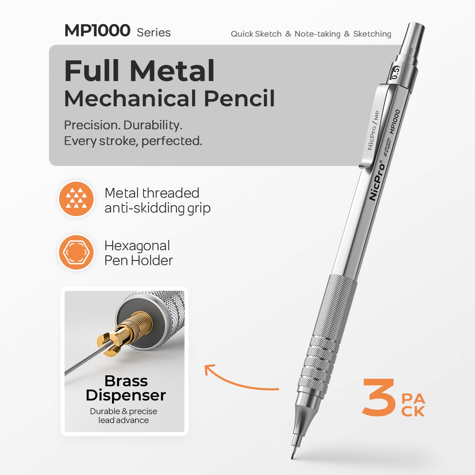 Nicpro 0.5 mm Mechanical Pencils Set with Case, 3 Metal Artist Pencil With 6 Tubes HB Lead Refills, 3 Erasers, Eraser Refills For Architect Art Writing Drafting,Drawing, Engineering, Sketching, Silver